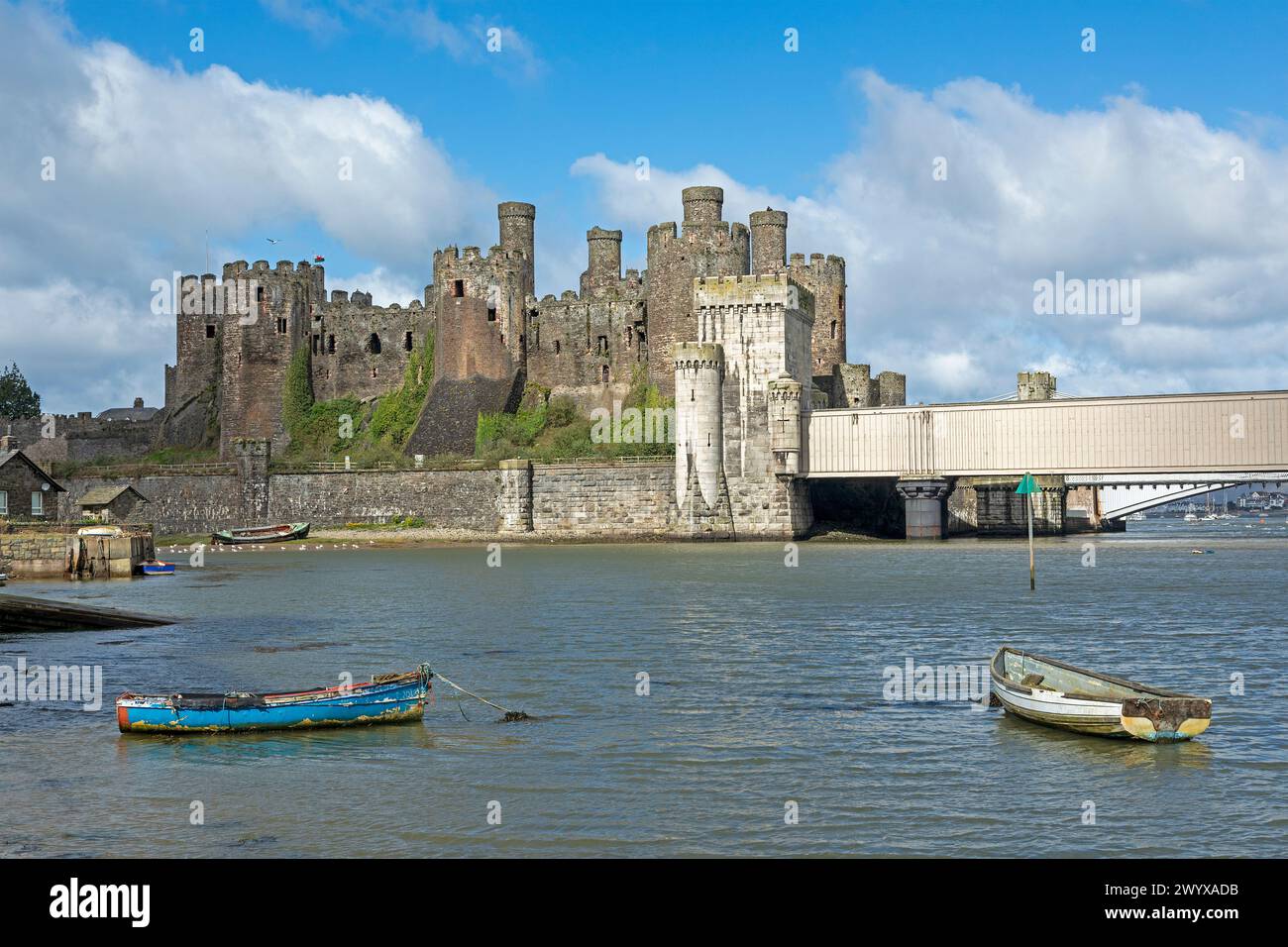 Fishing boats, castle, bridge, Conwy, Wales, Great Britain Stock Photo ...