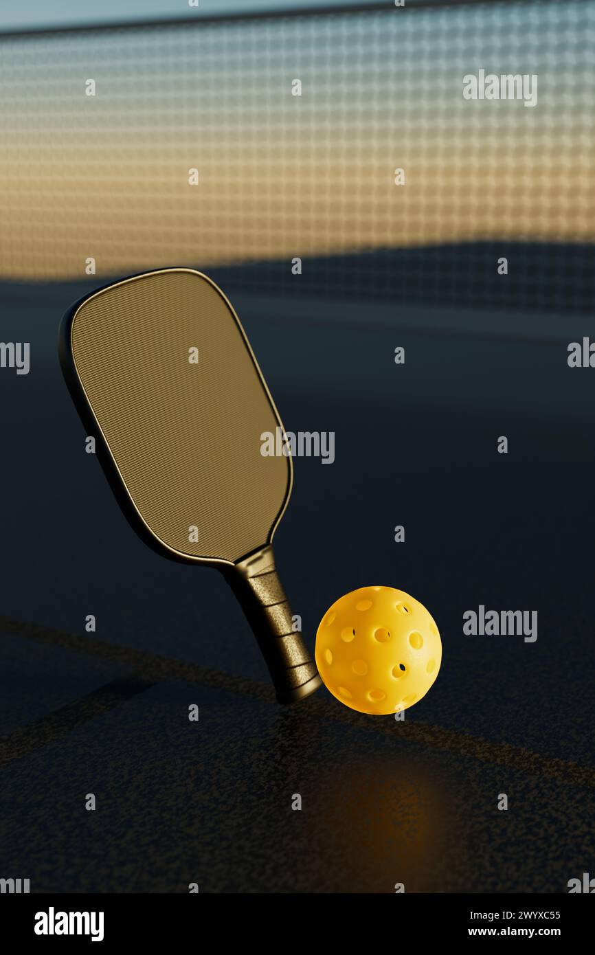 Pickleball racket and ball on a sports court at dusk. 3d rendering ...