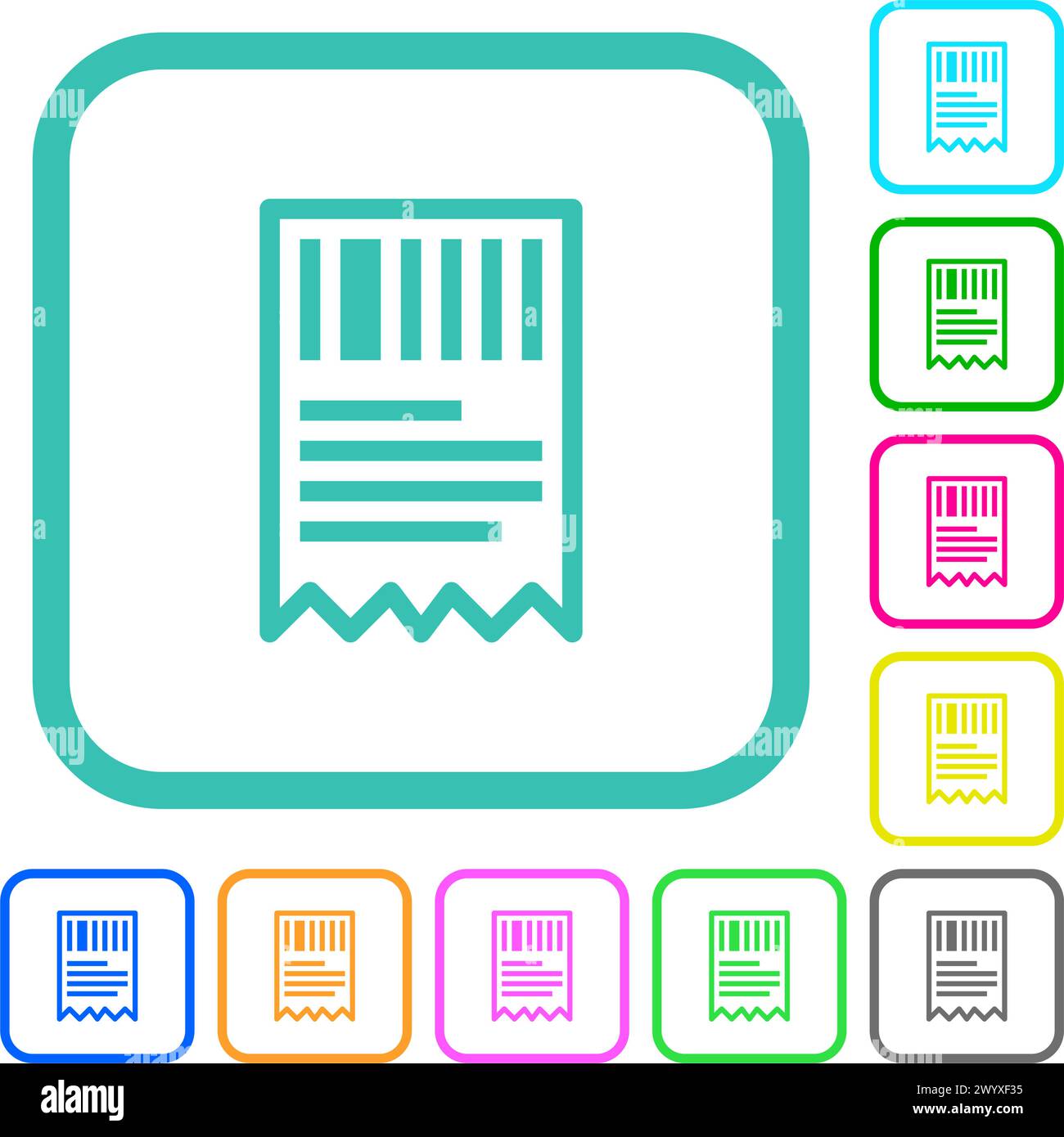 One receipt with barcode outline vivid colored flat icons in curved ...