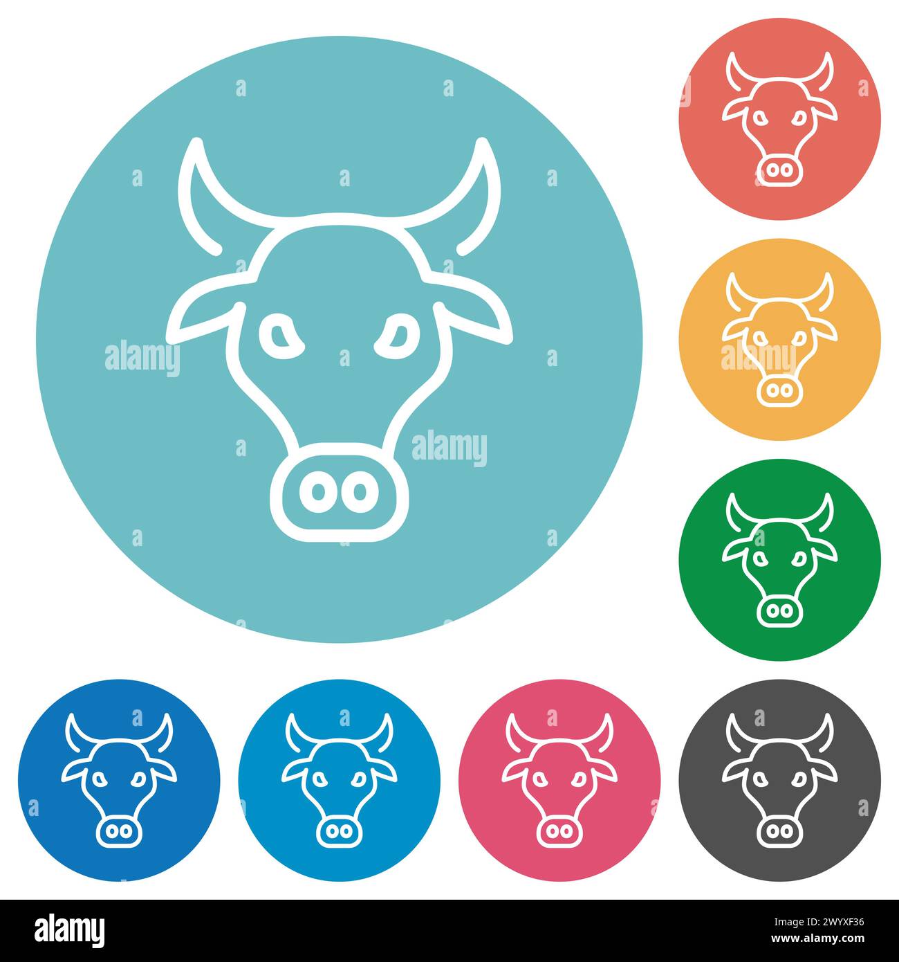 Cow head outline flat white icons on round color backgrounds Stock ...