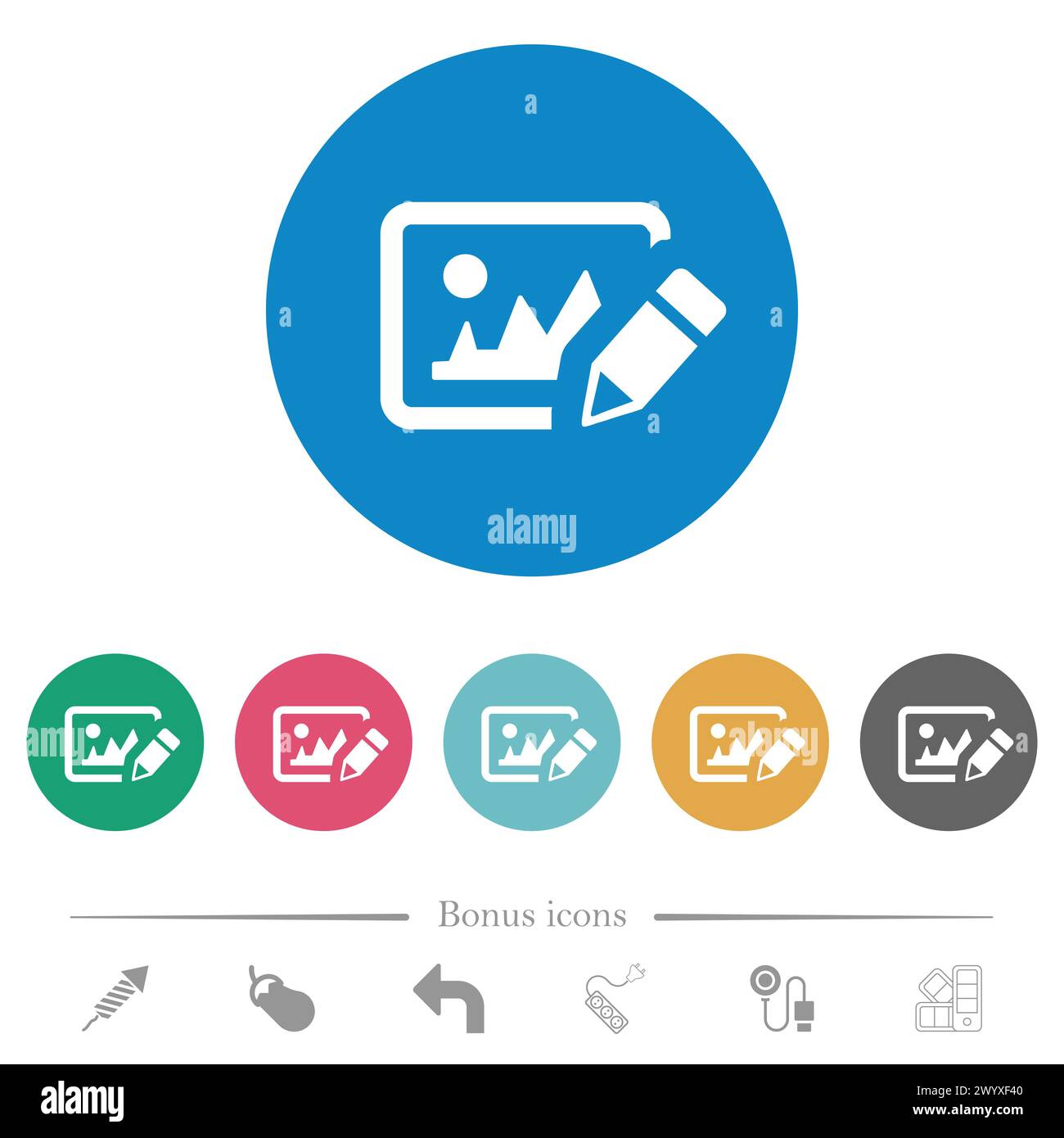 Photo editing flat white icons on round color backgrounds. 6 bonus ...