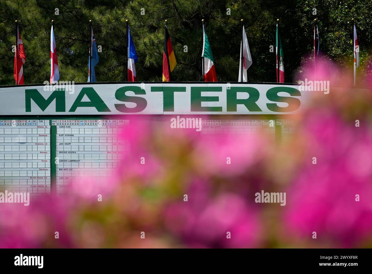 The Masters scoreboard is displayed during a practice round in ...