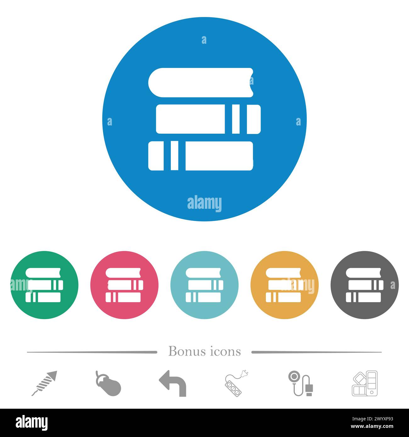 Stack of books solid flat white icons on round color backgrounds. 6 ...