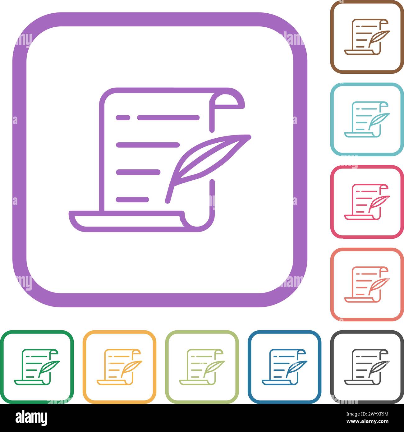 Parchment feather pen outline simple icons in color rounded square frames on white background ...