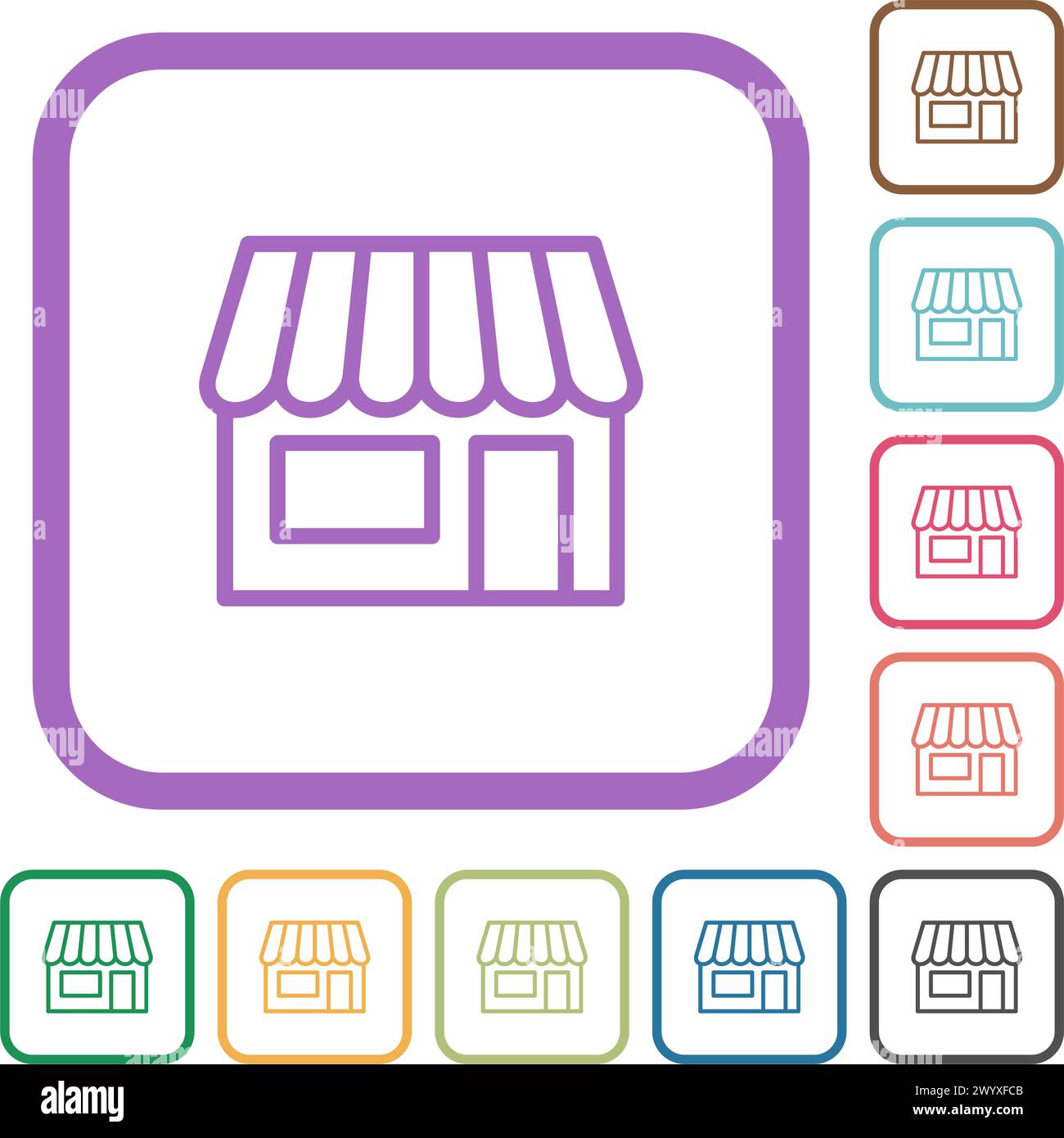 Store front outline simple icons in color rounded square frames on ...