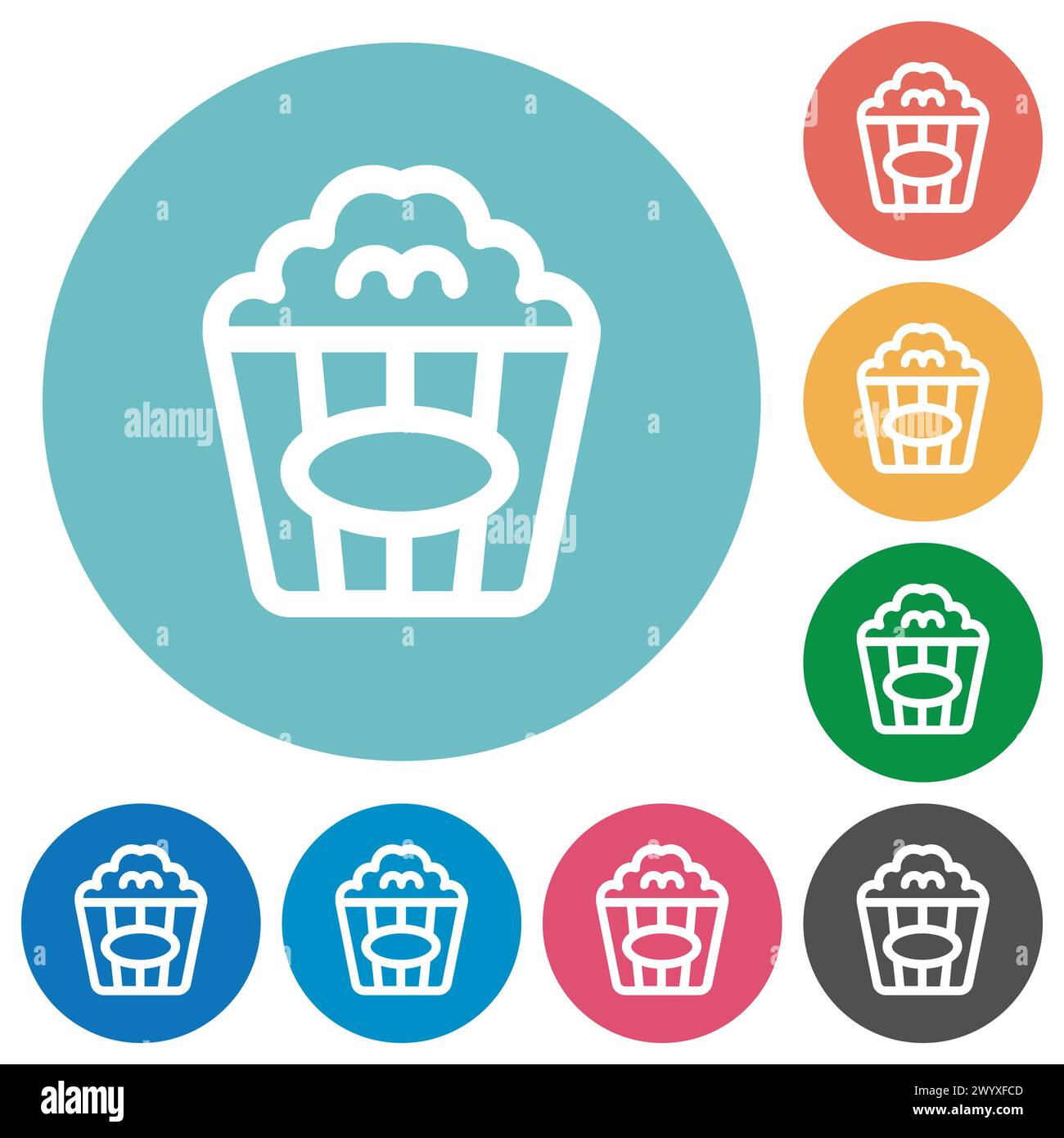 Popcorn outline flat white icons on round color backgrounds Stock ...