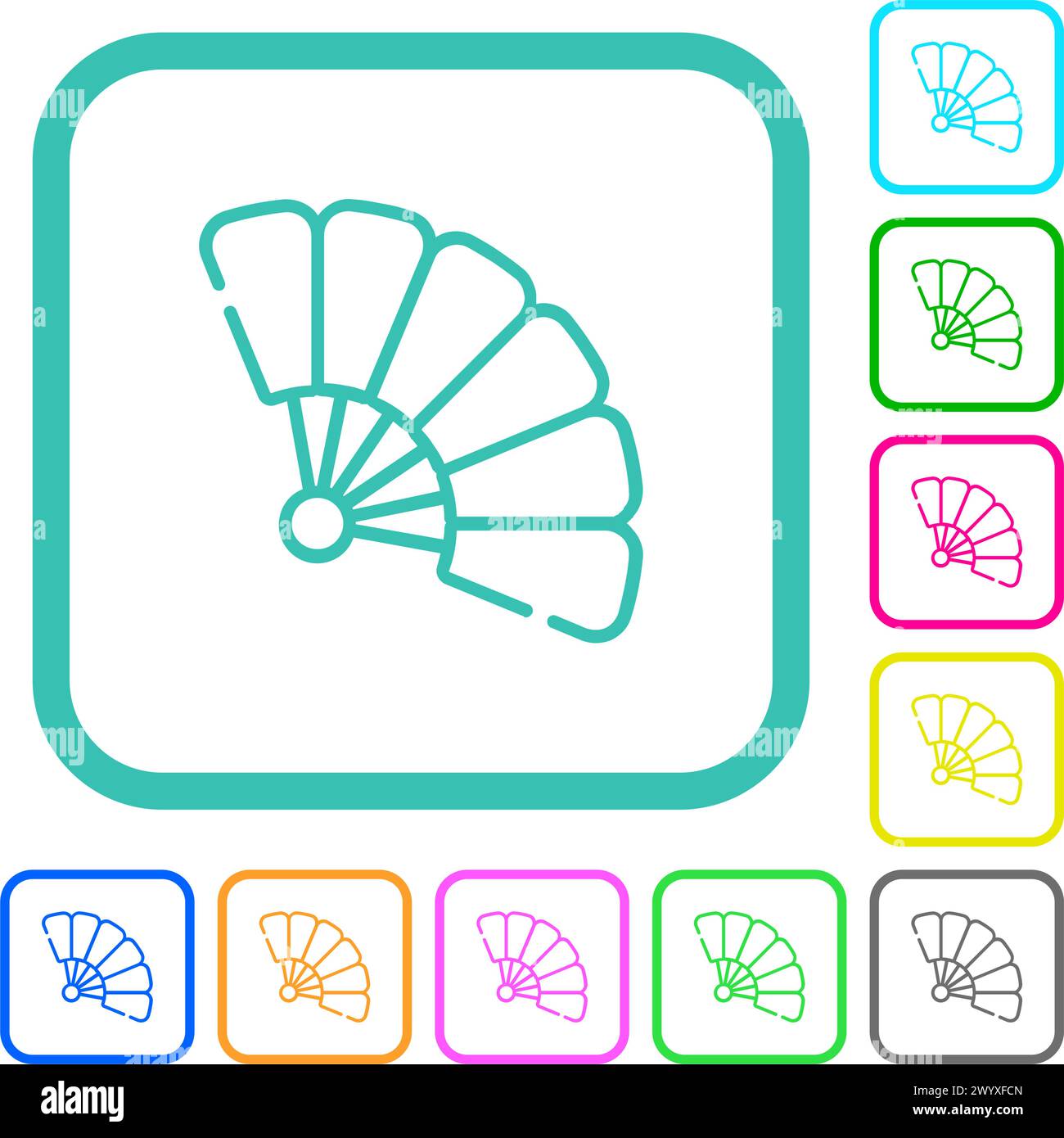 Folding hand fan outline vivid colored flat icons in curved borders on ...