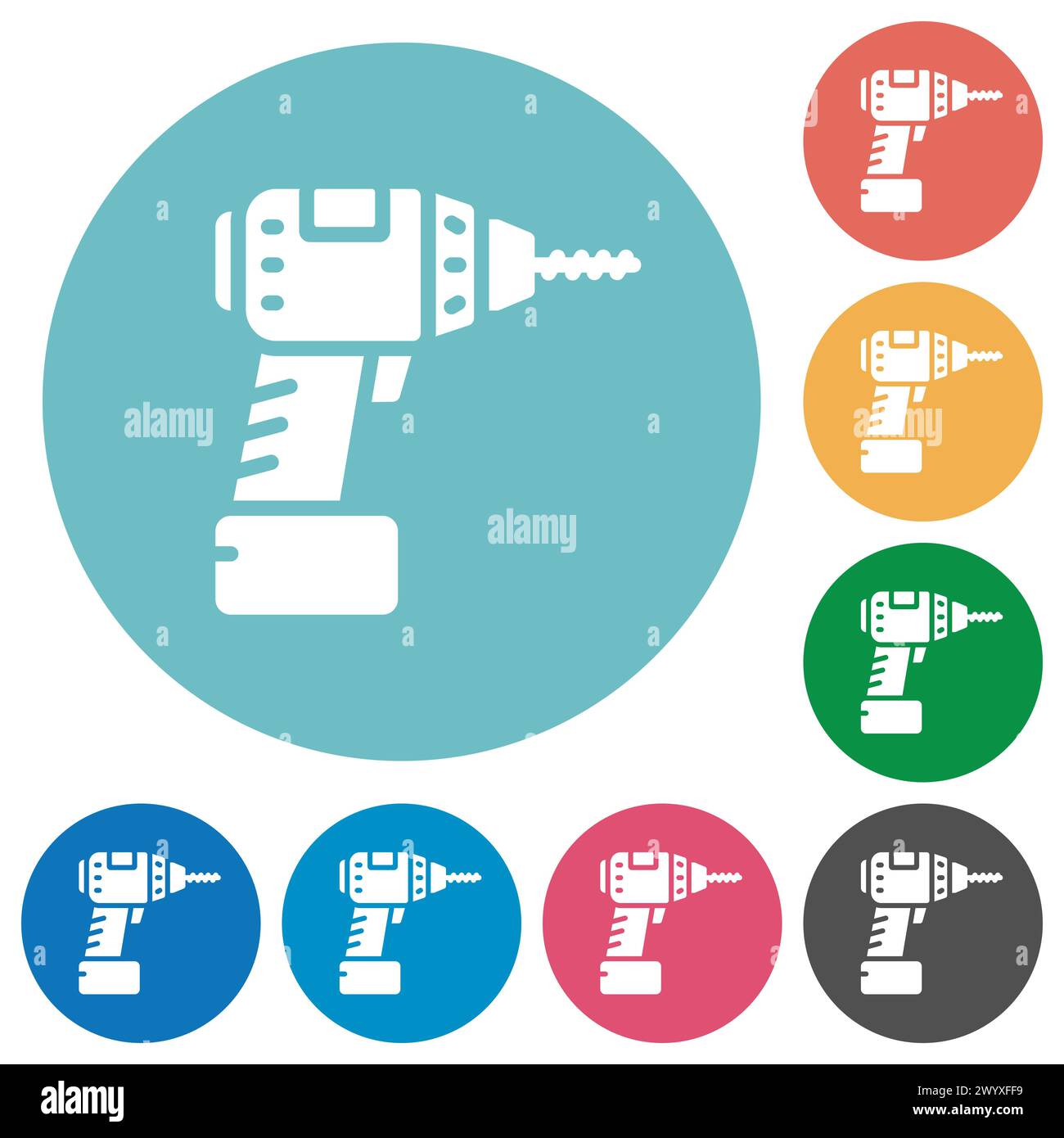 Cordless drill flat white icons on round color backgrounds Stock Vector ...