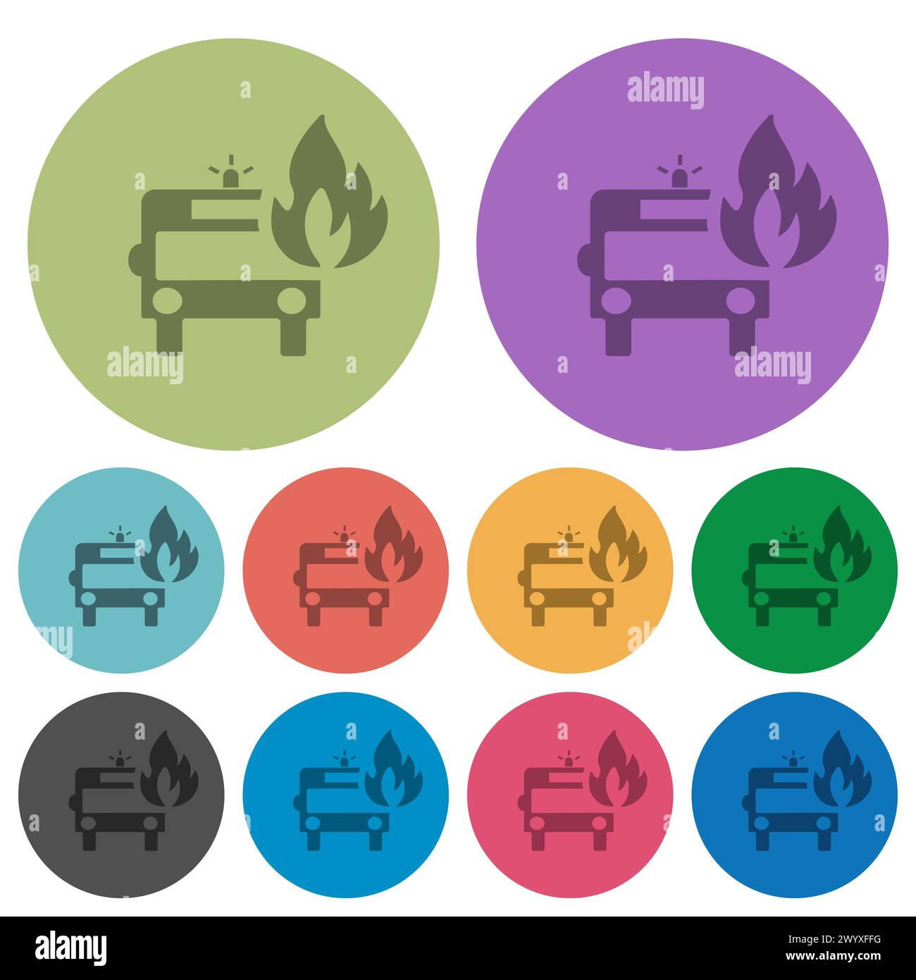 Fire engine with flame darker flat icons on color round background ...
