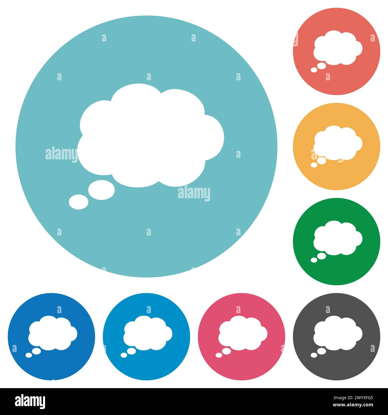 Single oval thought cloud solid flat white icons on round color ...