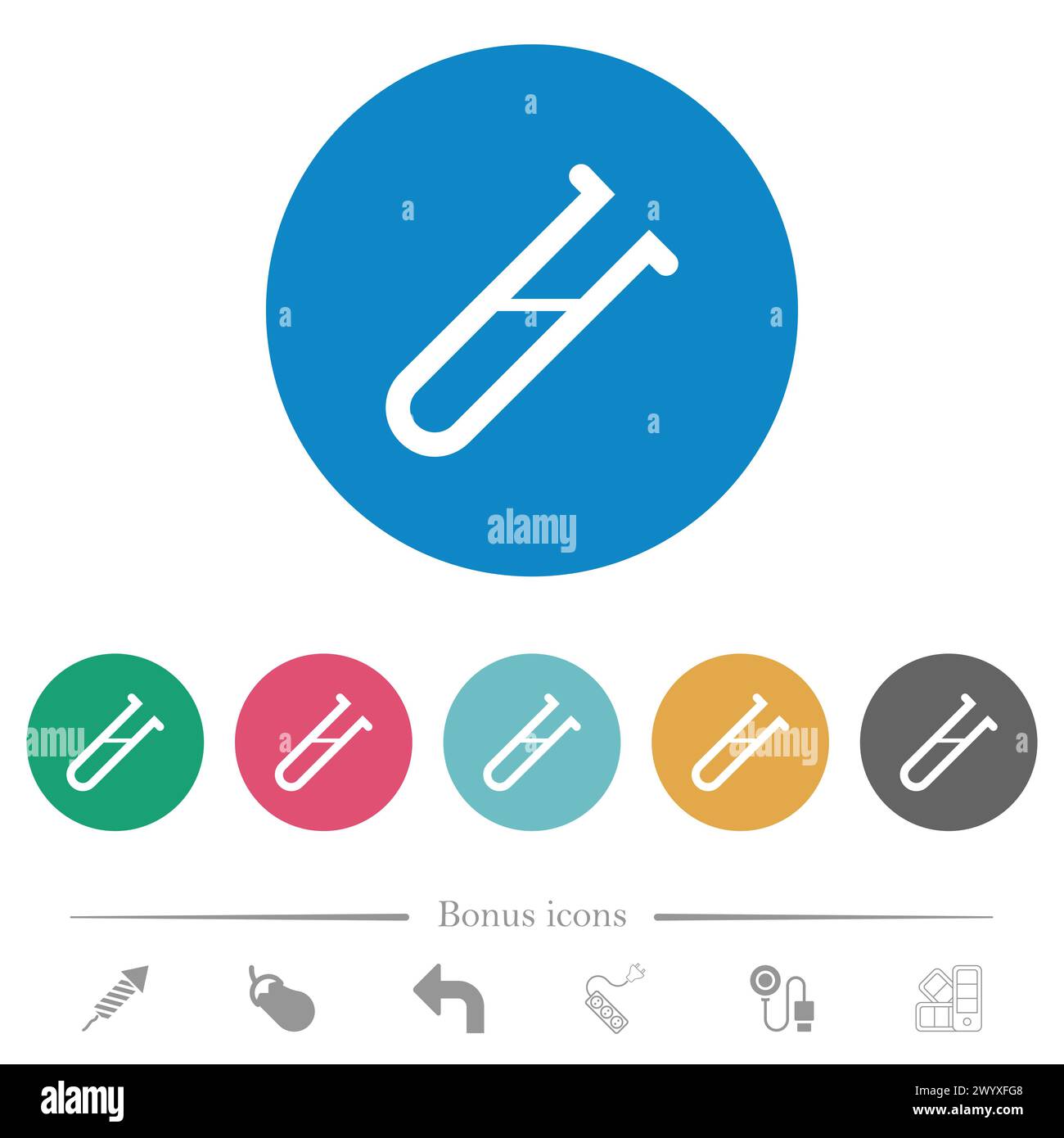 Test tube flat white icons on round color backgrounds. 6 bonus icons ...
