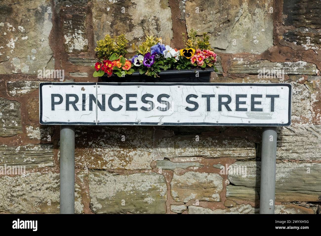 Flowers, street sign, Princess Street, LLangollen, Wales, Great Britain ...