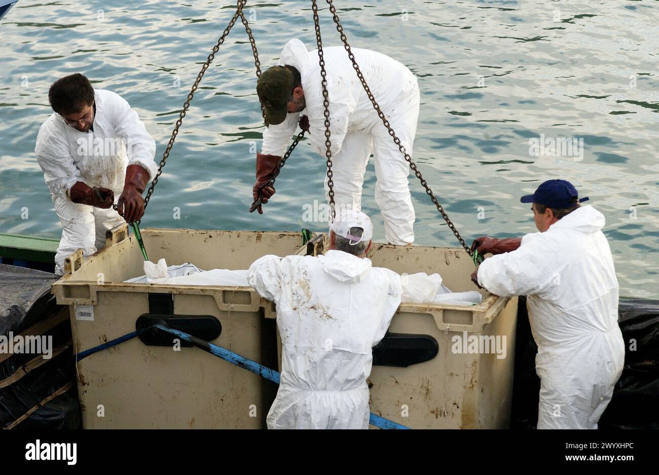 Fishermen dressing protective clothes gathering the fuel spill ...