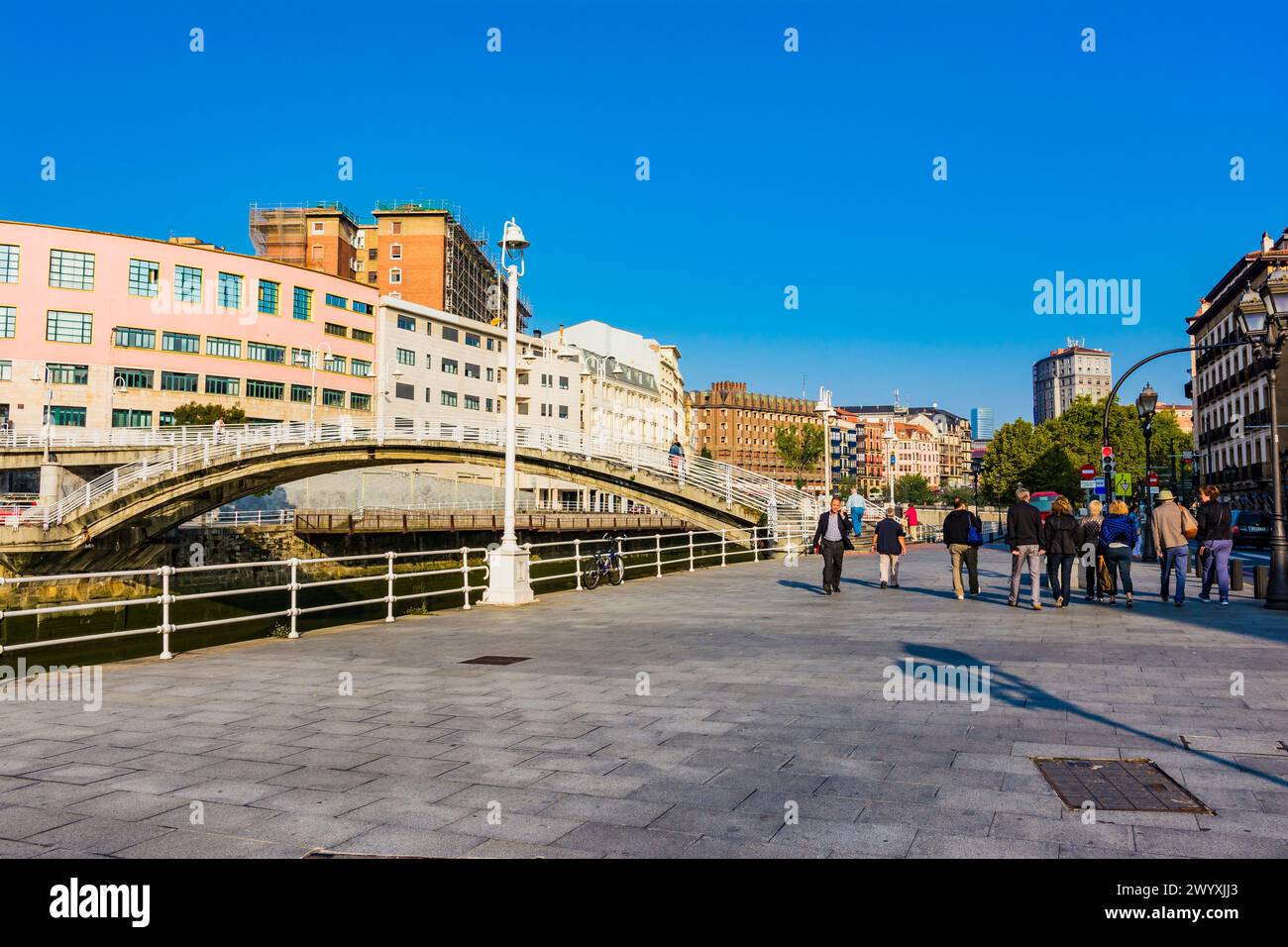 Sidewalk next to the Nervión River. Bilbao, Biscay, Basque Country ...