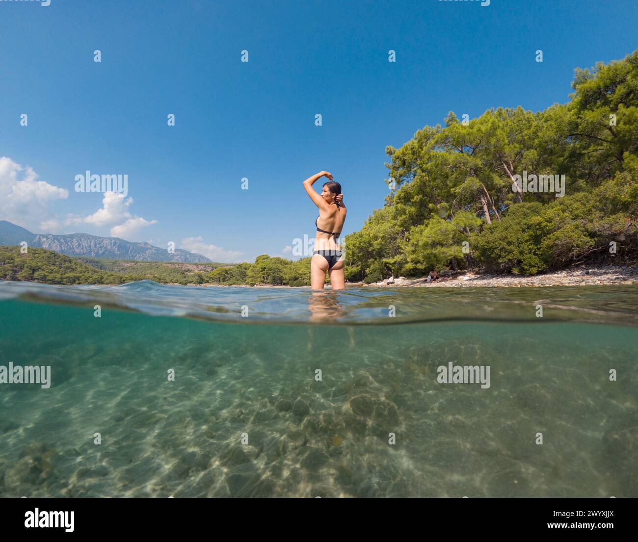 Woman on tropical vacation paradise on sea. Summer sea joy in Turkish ...