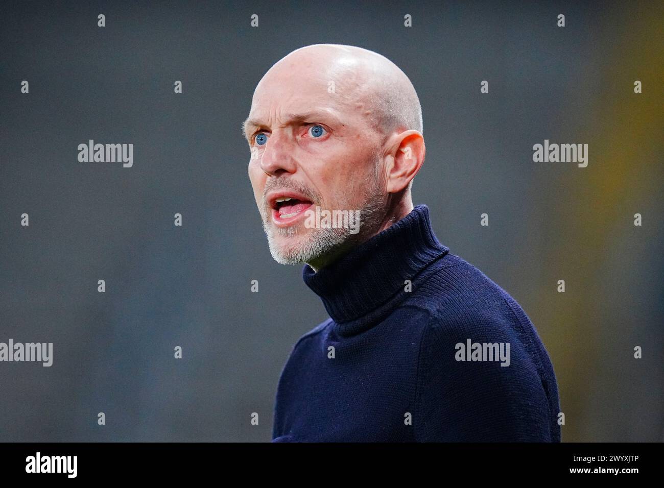 Broendby headcoach Jesper Soerensen reacts during the Superliga match ...