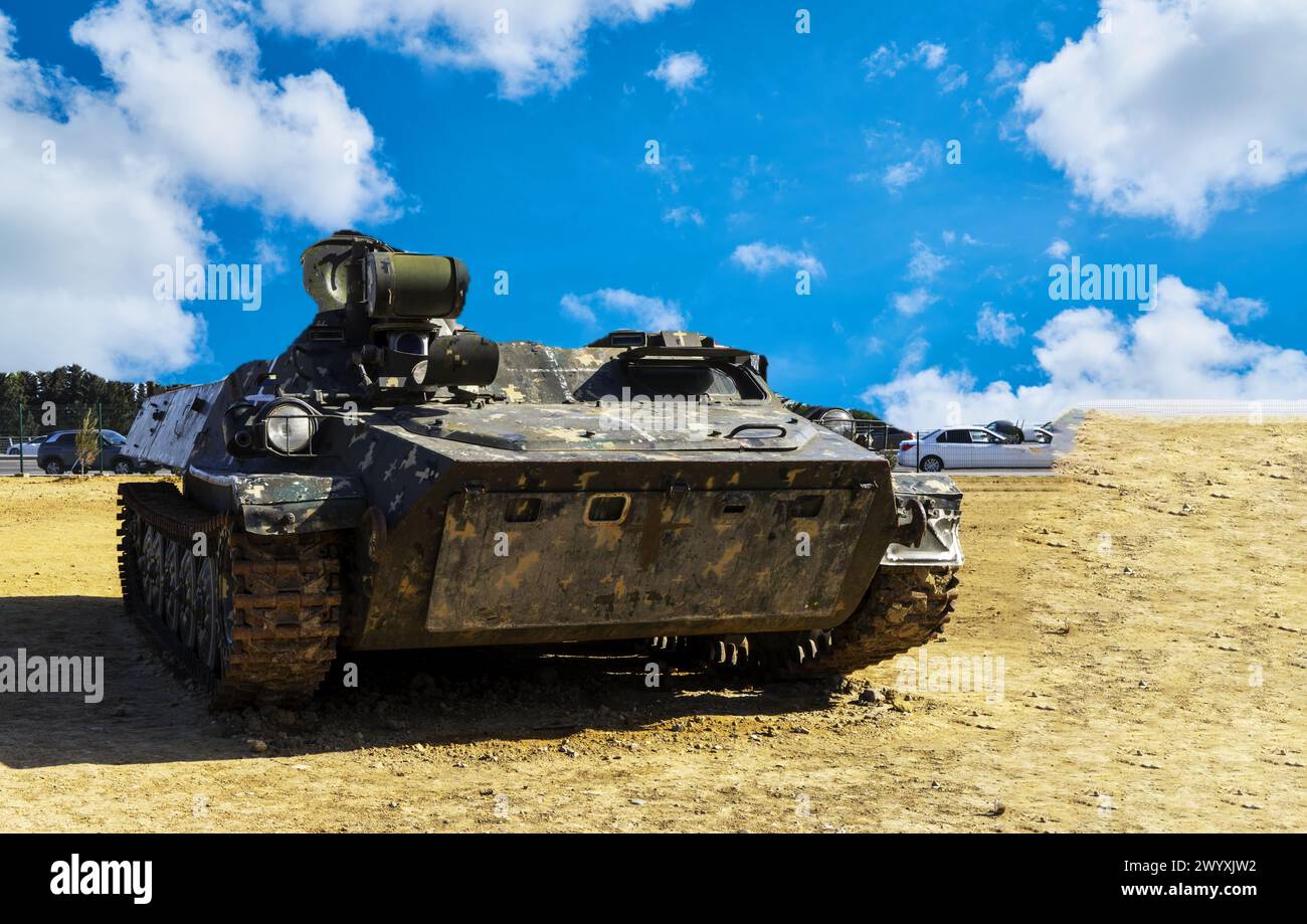 Damaged tanks, armored vehicles and equipment on the battlefield ...