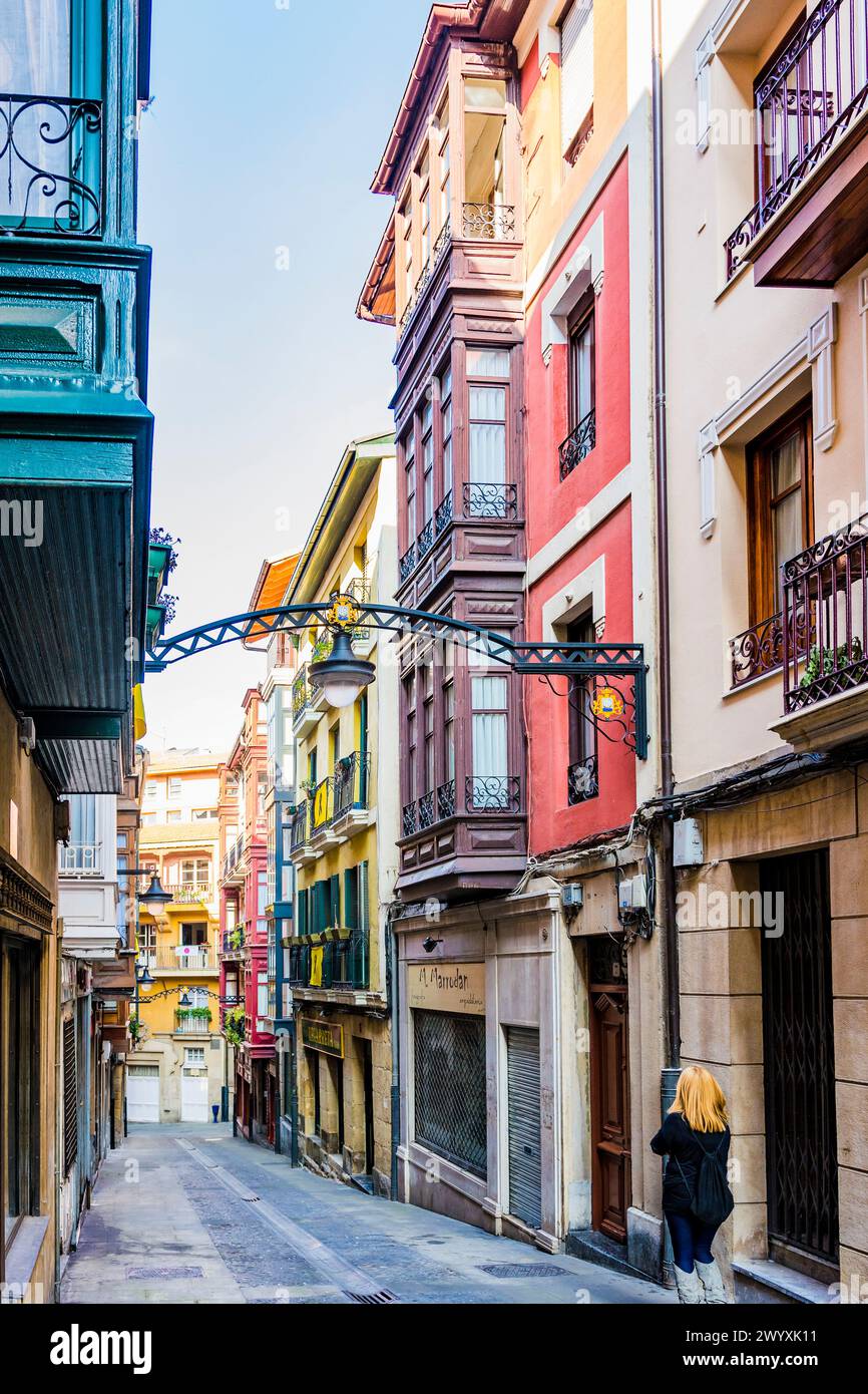 Street in the old town of Portugalete, Bilbao, Biscay, Basque Country ...