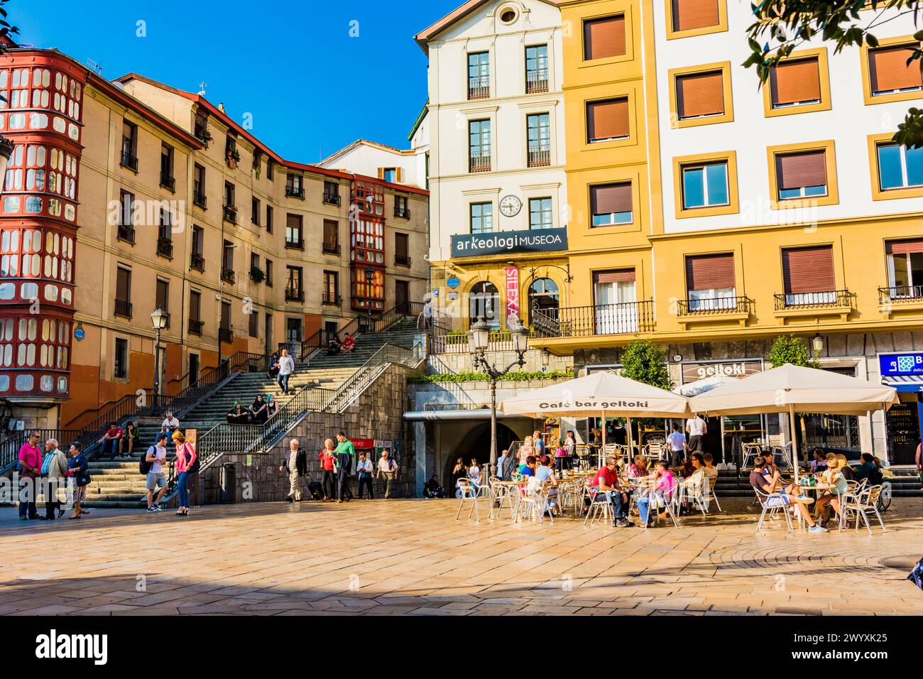 Calzadas de Mallona and Archeological Museum at sunset. Unamuno square ...