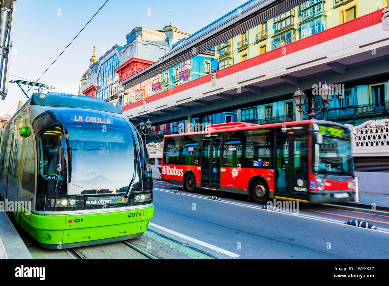 Tram and bus, urban transport. Bilbao, Biscay, Basque Country, Spain ...