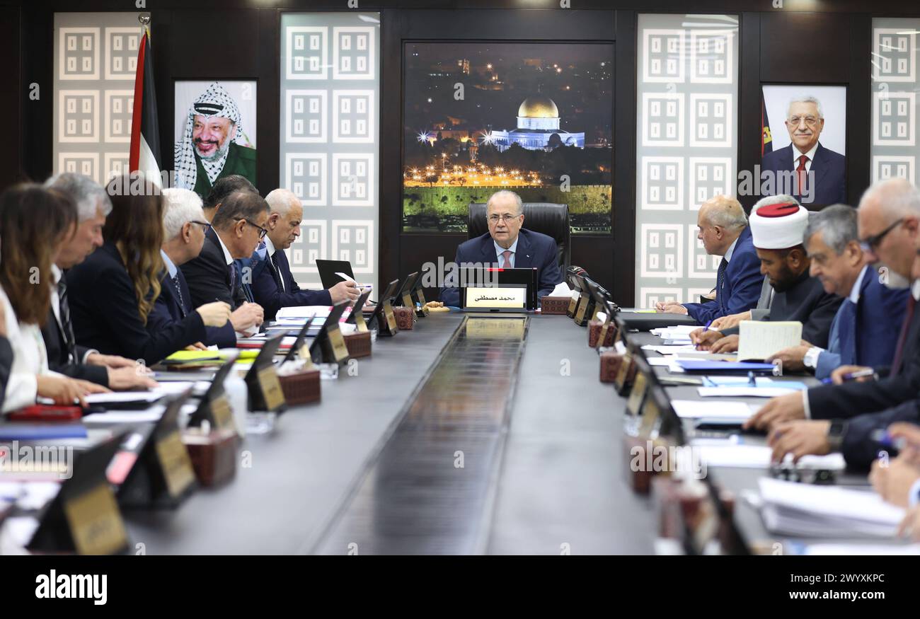 Palestinian Prime Minister Mohammad Mustafa chairs the weekly cabinet ...