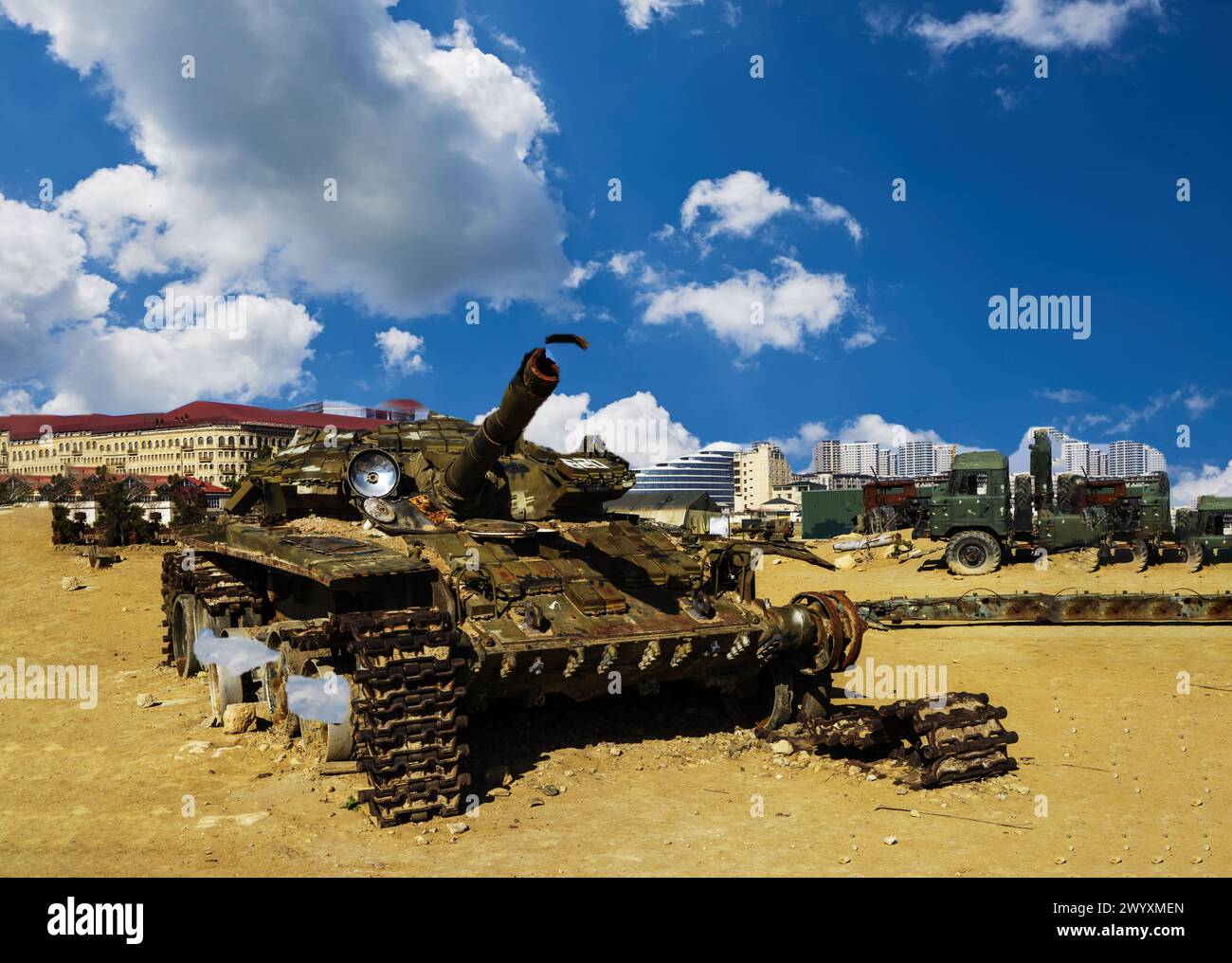 Damaged tanks, armored vehicles and equipment on the battlefield ...