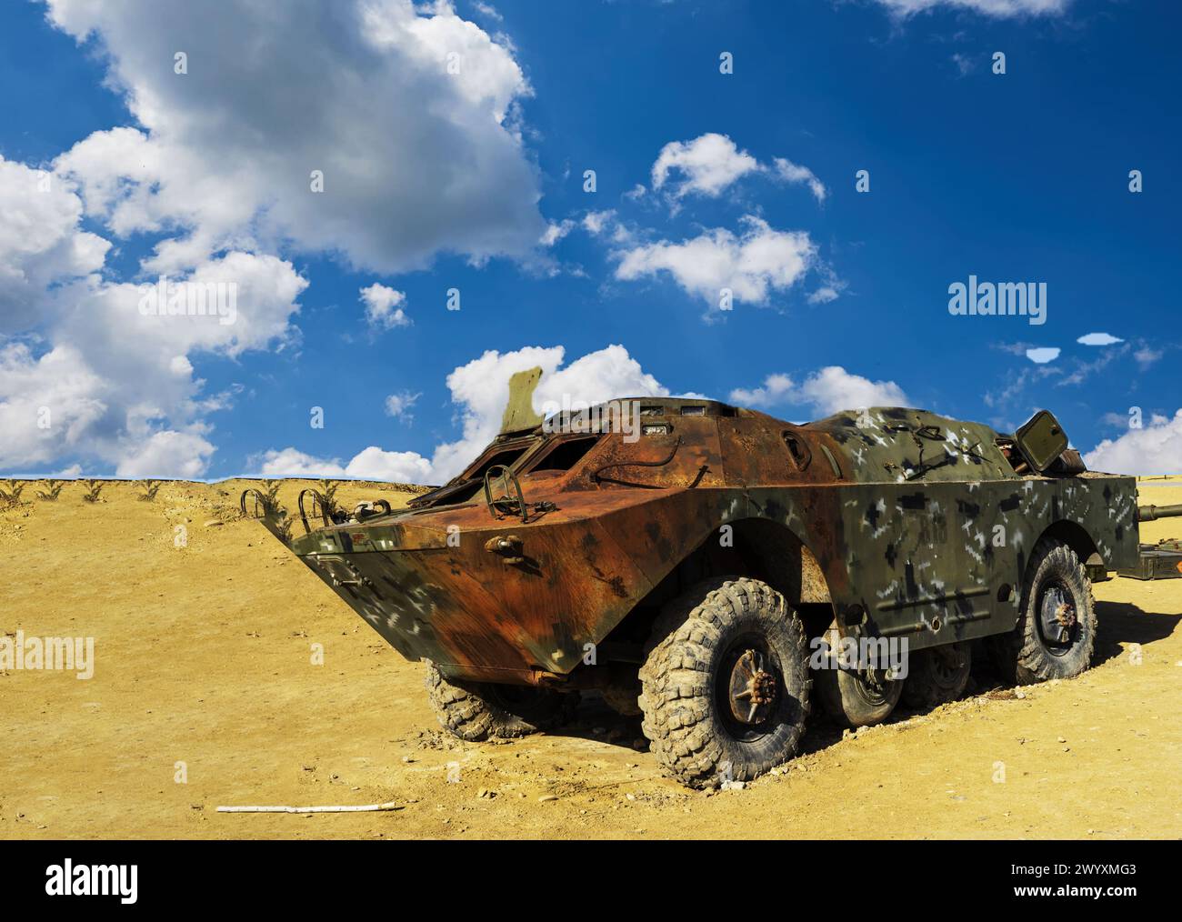 Damaged tanks, armored vehicles and equipment on the battlefield ...