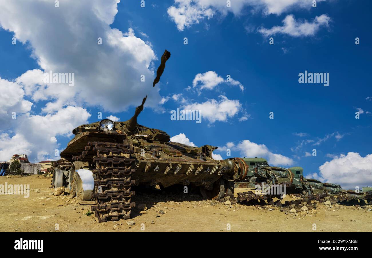 Damaged tanks, armored vehicles and equipment on the battlefield ...