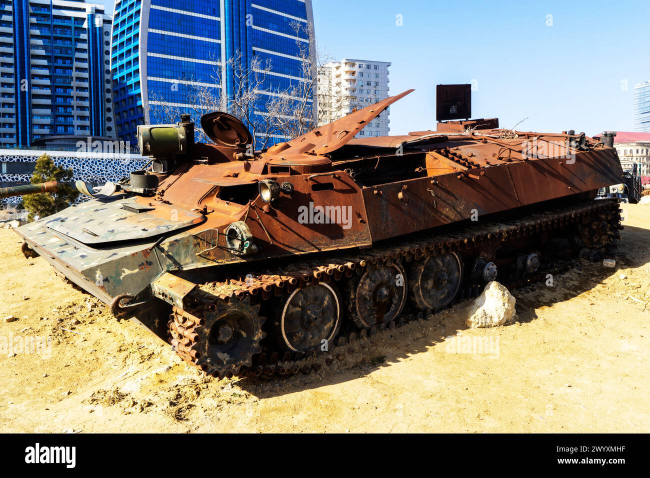 Damaged tanks, armored vehicles and equipment on the battlefield ...