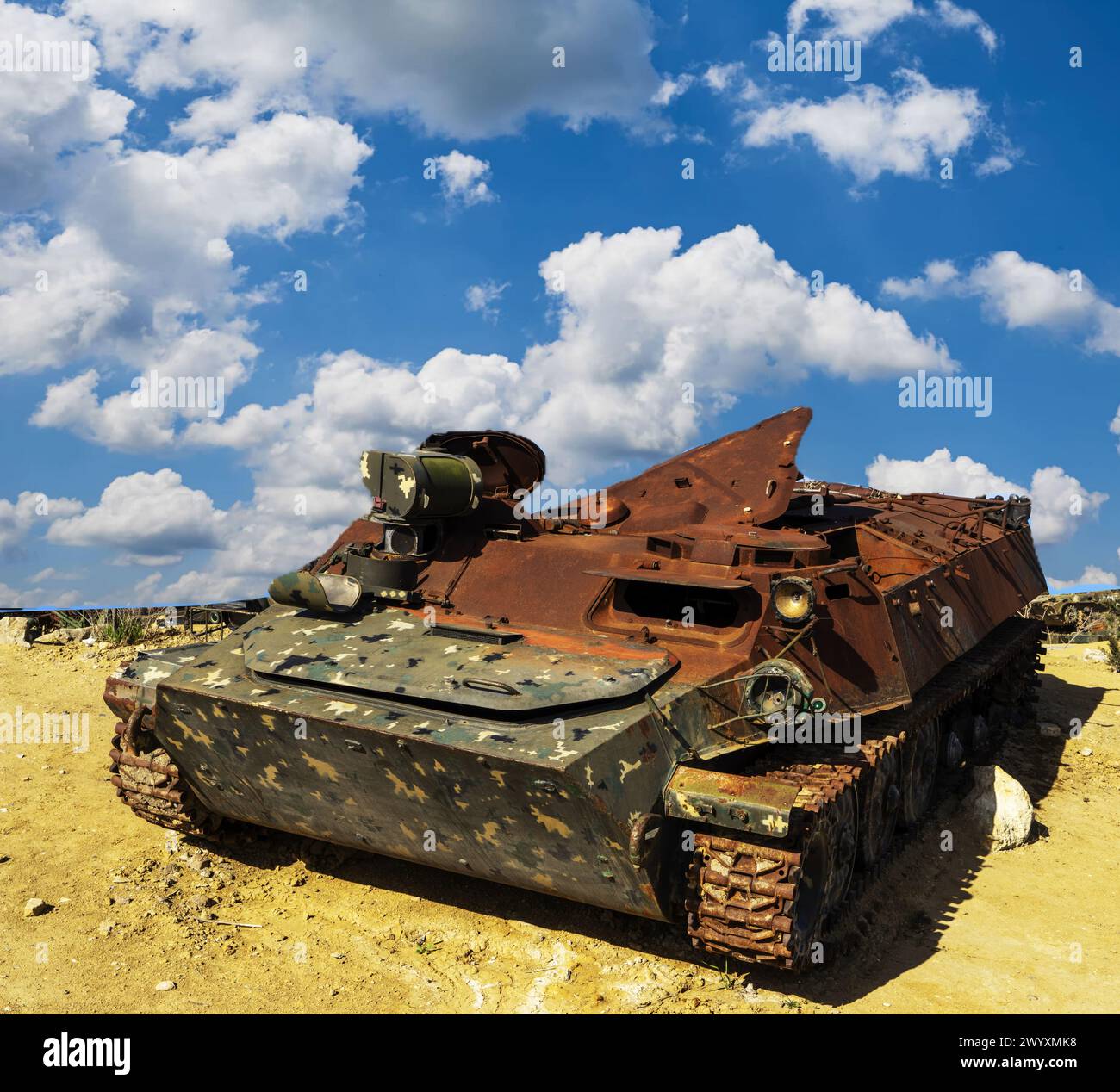 Damaged tanks, armored vehicles and equipment on the battlefield ...