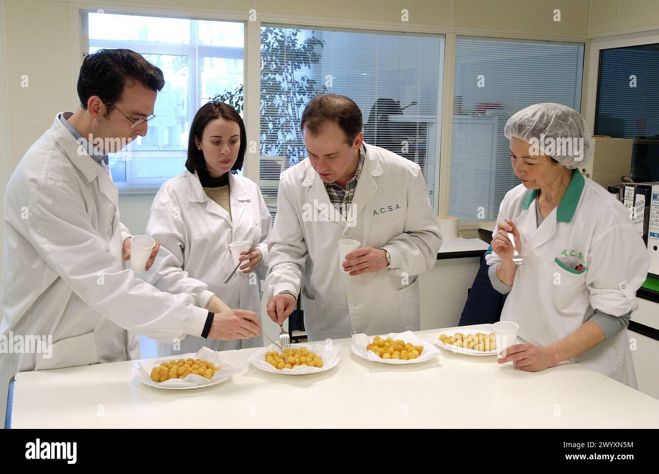 Frozen food industry, food tasters tasting potato balls of rival firms ...