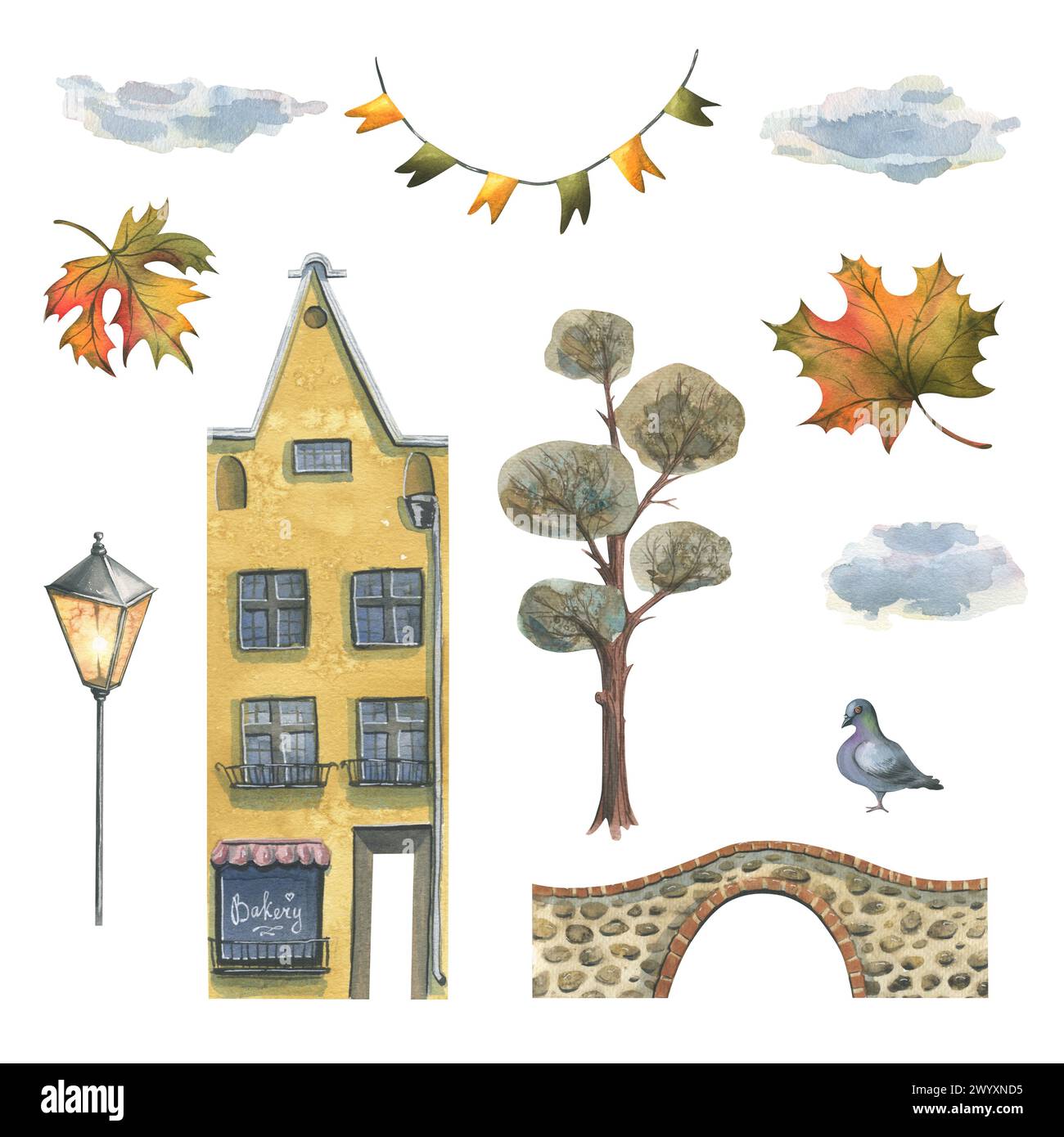 Ancient European houses are colorful, with autumn trees and leaves ...