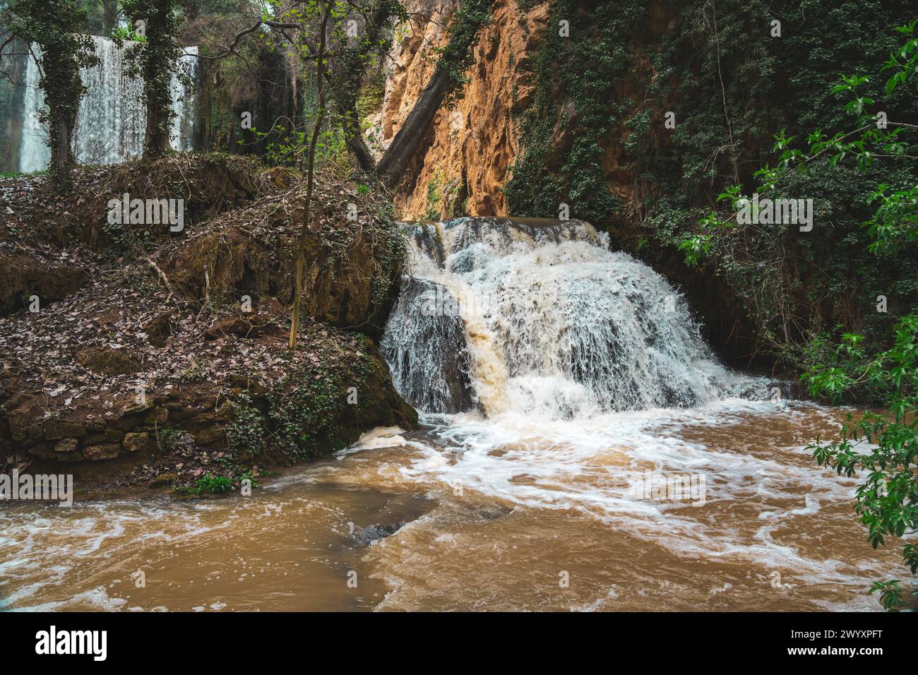 Multi-tiered waterfall nestled in a verdant forest, offering a ...