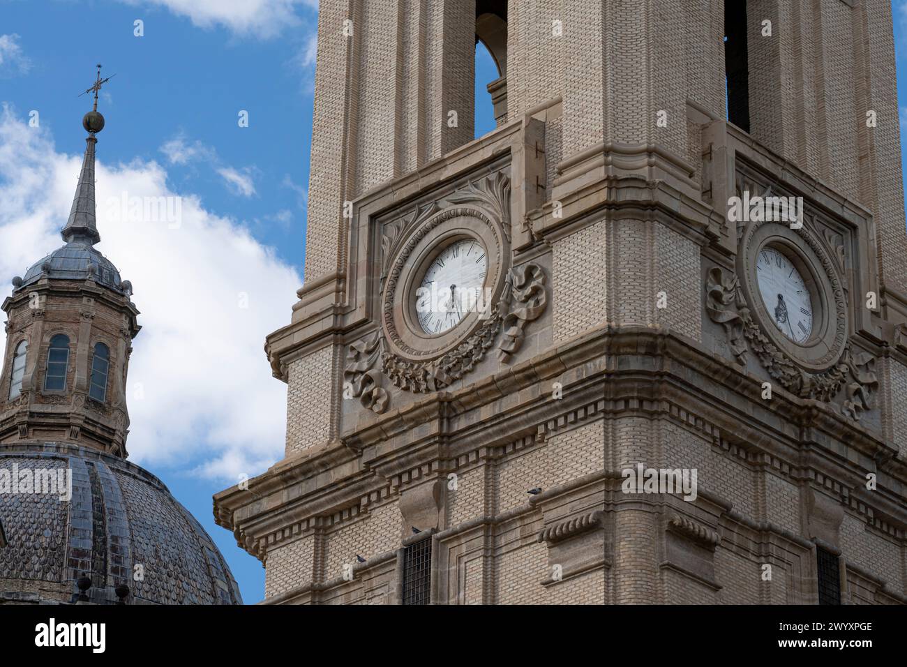 Close-up of the Basilica del Pilar's clock tower, a fusion of ...