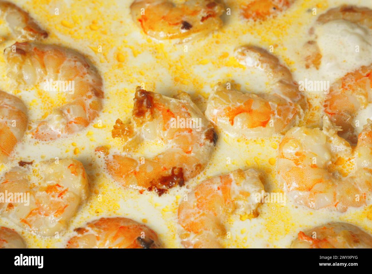 Succulent shrimp bathed in a creamy garlic sauce, with a golden hue ...