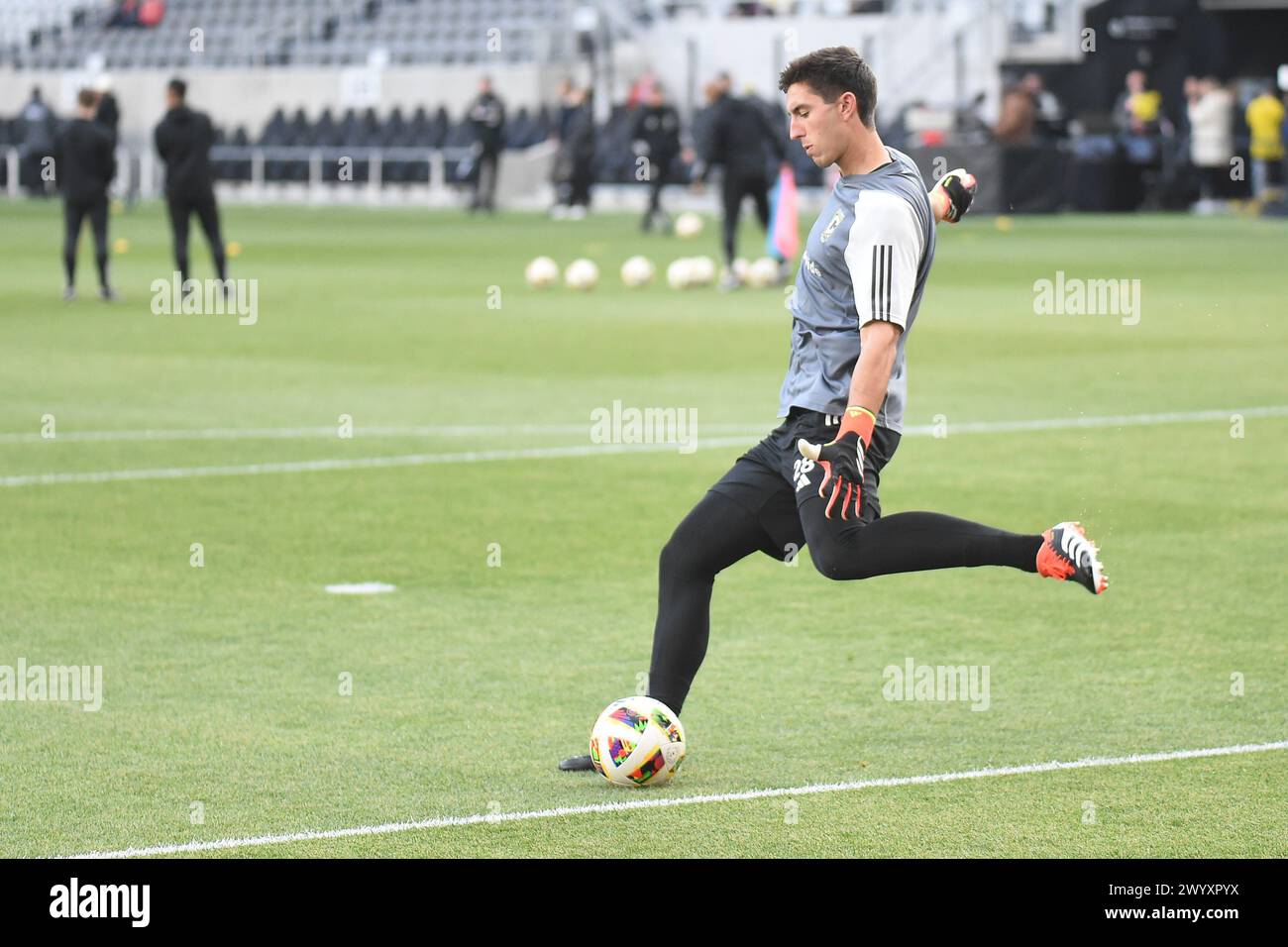 April 6, 2024: Columbus Crew goalkeeper Patrick Schulte (28) kicks the ...