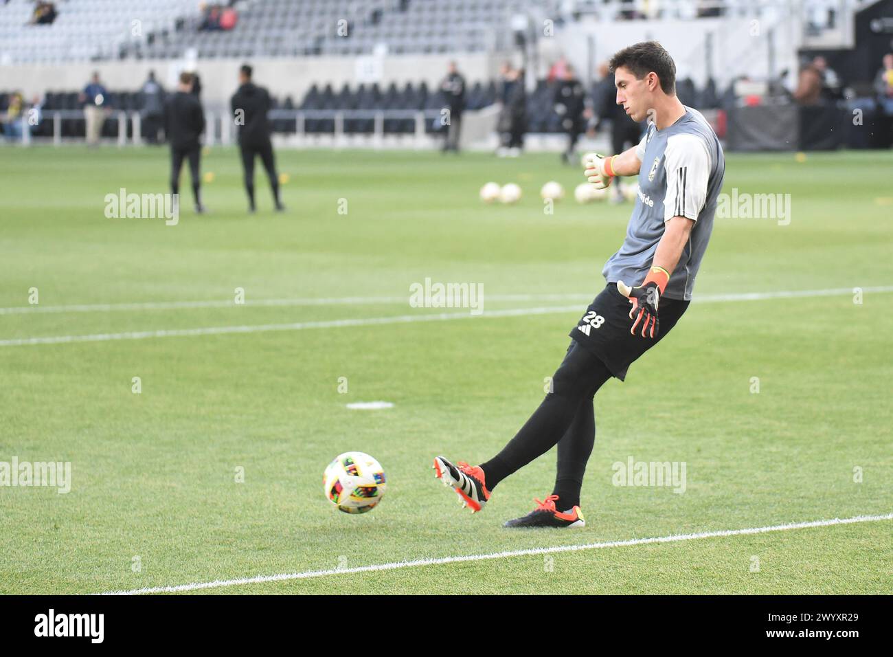 April 6, 2024: Columbus Crew goalkeeper Patrick Schulte (28) kicks the ...