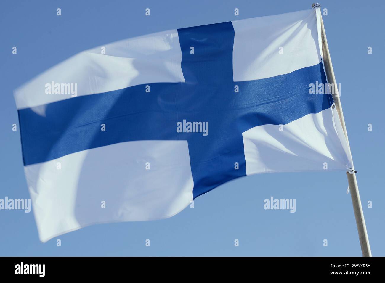 The national flag of Finland flutters in the breeze, showcasing its ...