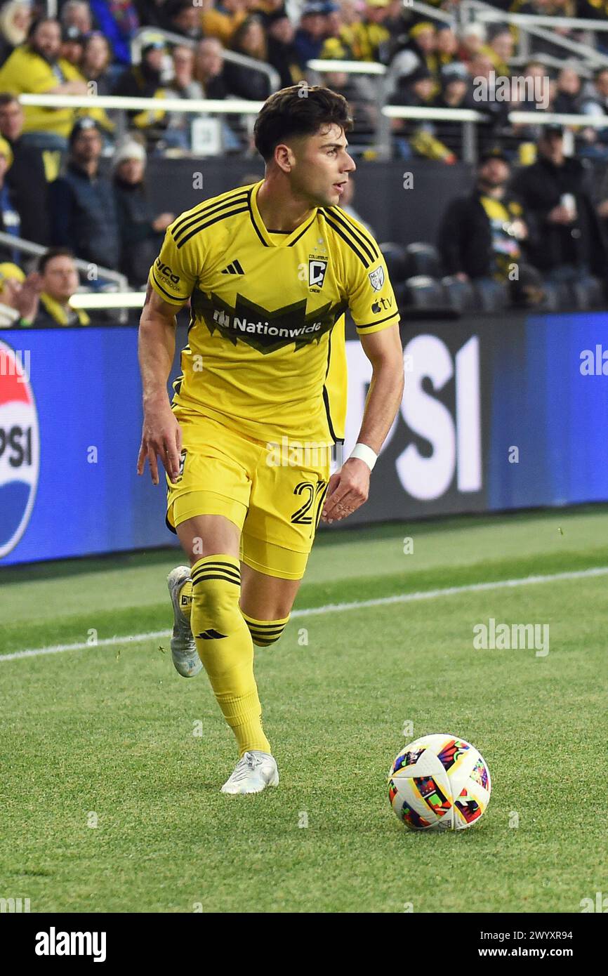 April 6, 2024: Columbus Crew forward Max Arfsten (27) carries the ball ...