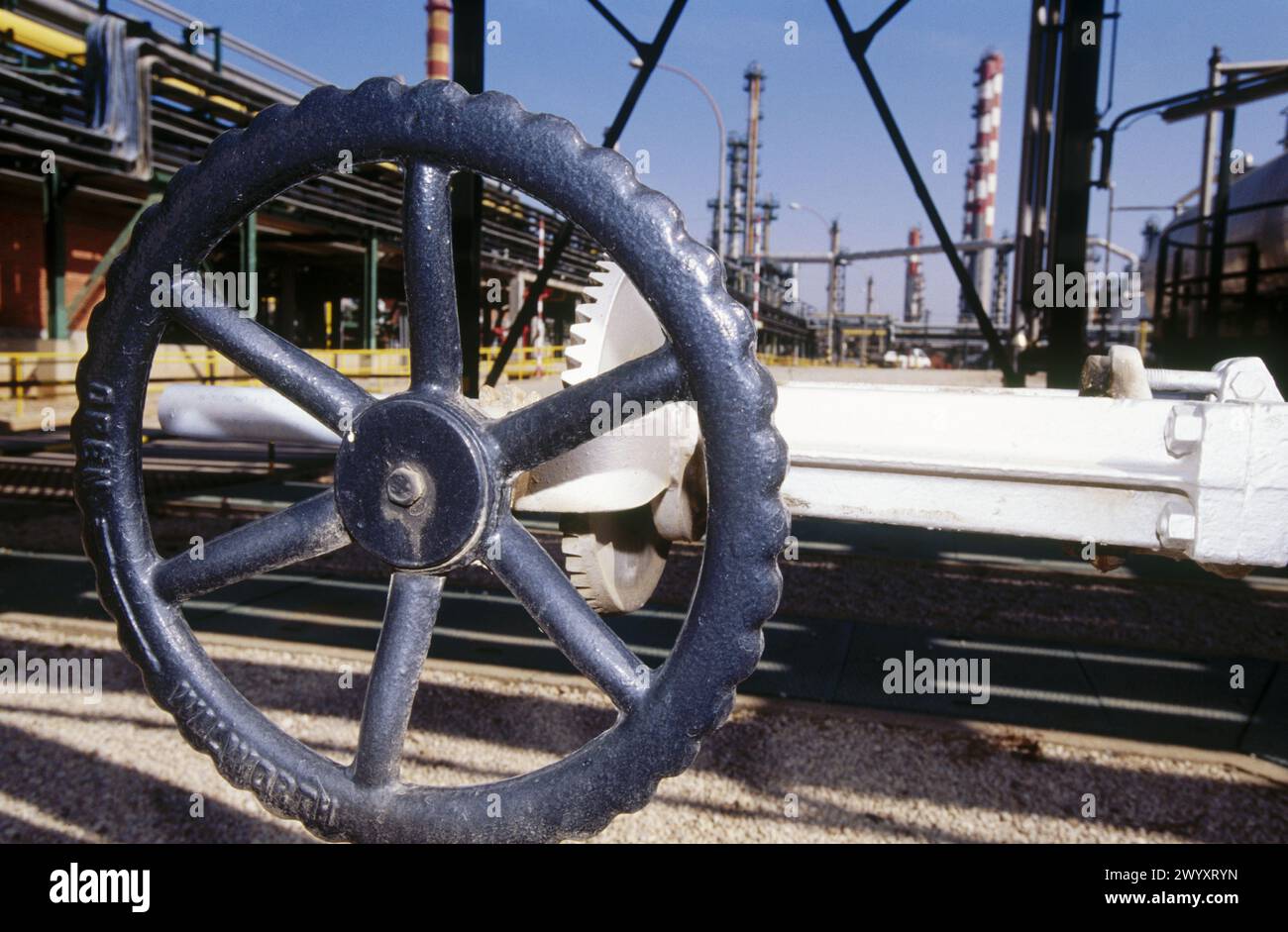 Fire prevention system pipes, stopcock. Repsol-YPF oil refinery ...