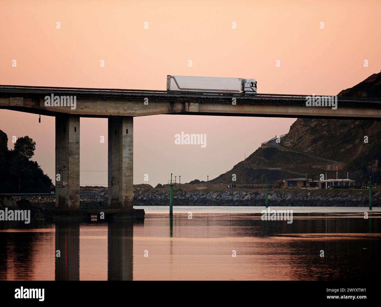Truck, A8 freeway, bridge over Oria river mouth, Orio, Gipuzkoa, Basque ...