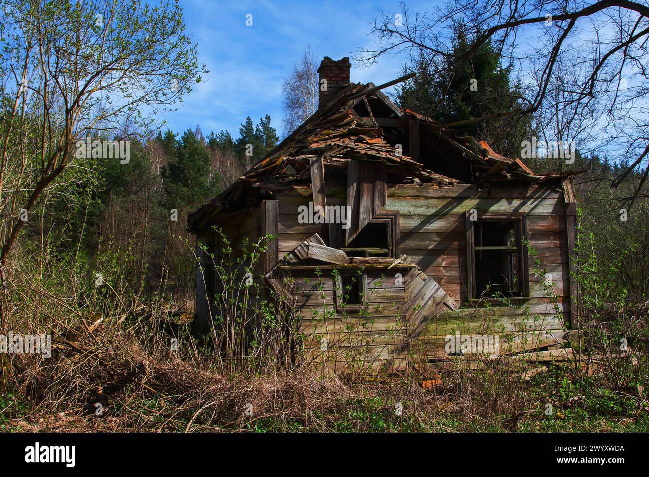 The old abandoned wooden house has been destroyed, the passing of good time, the roof collapsed ...