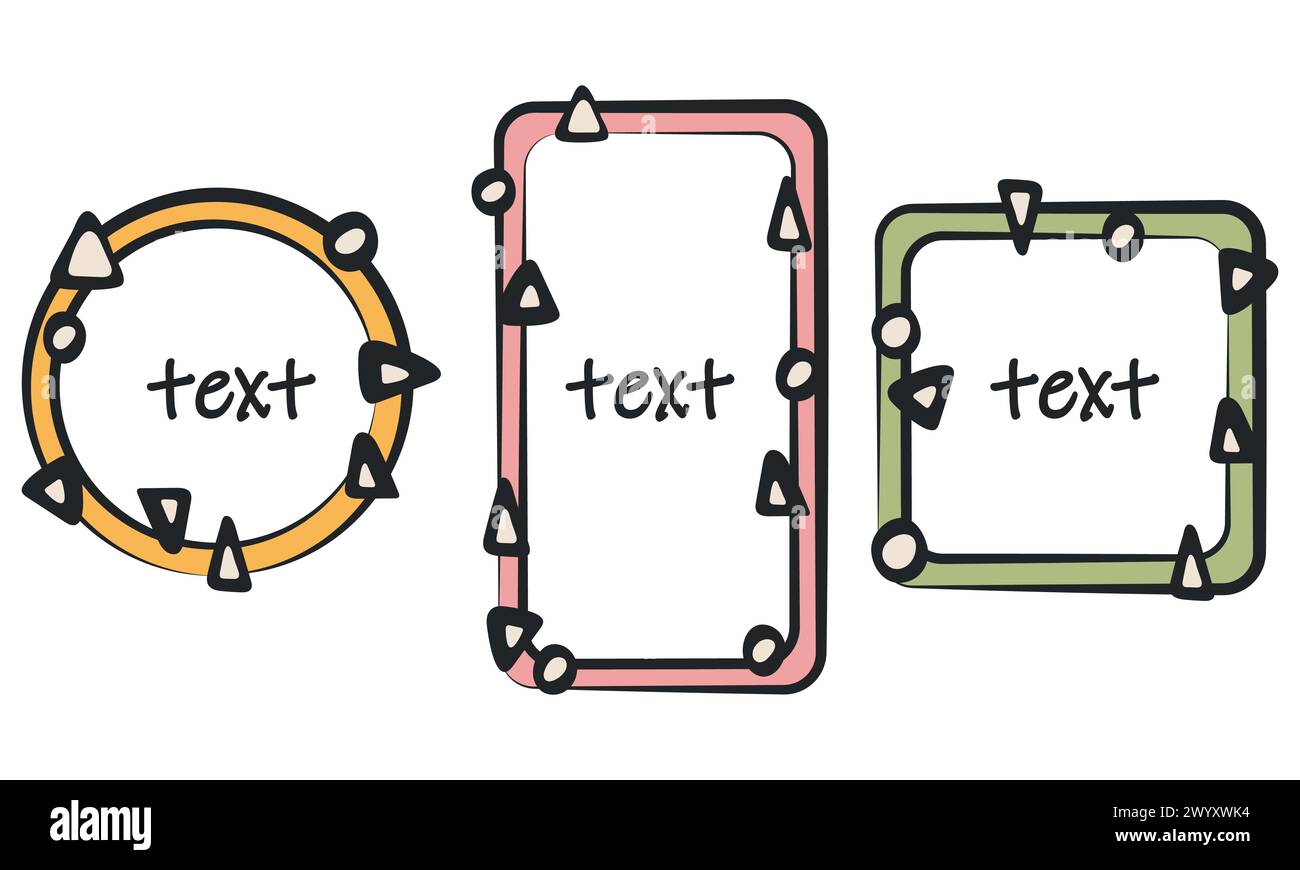 Decorative boho frame set, circle square geometrical shape. Hand drawn ...