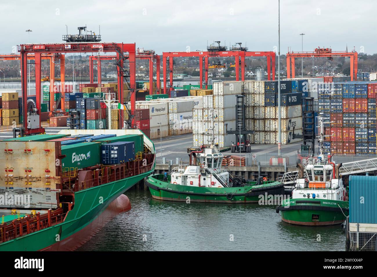 Container ship, portainer, containers, towboats, Port, Dublin, Republic ...