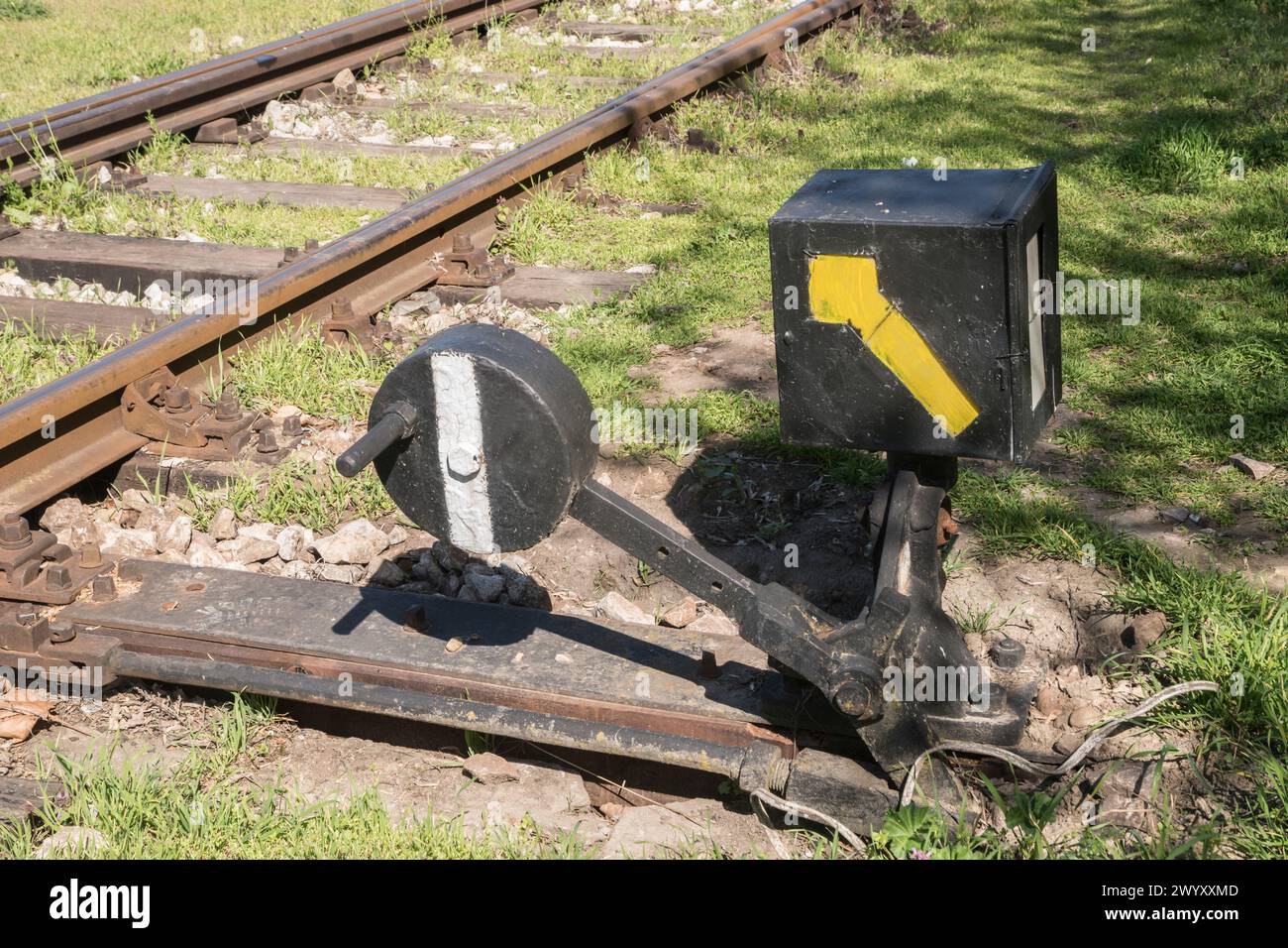 Hand-operated vintage railroad switch with lever, weight and signal ...
