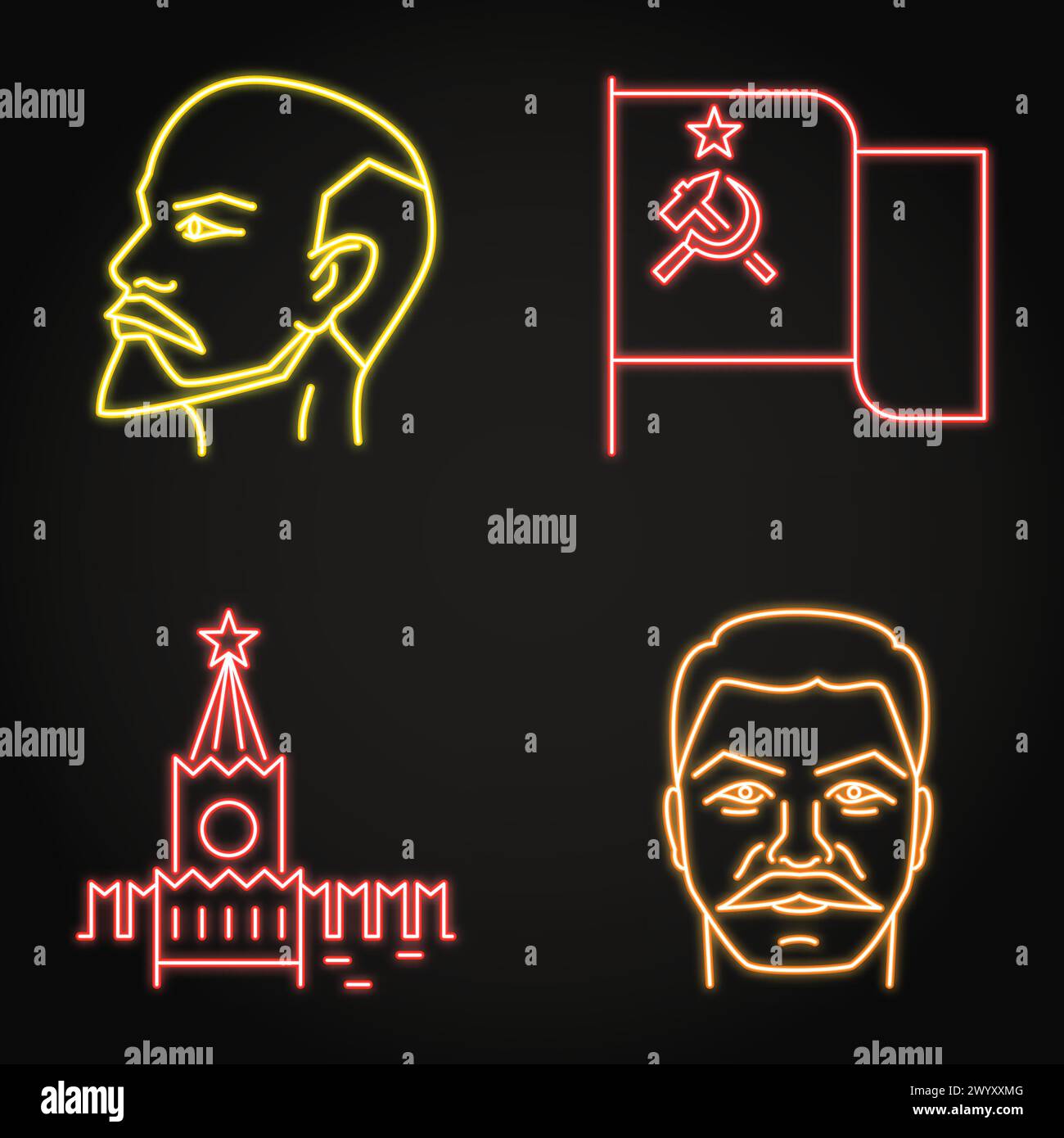 USSR symbols neon icon set. Russian communist leaders, Soviet flag and ...