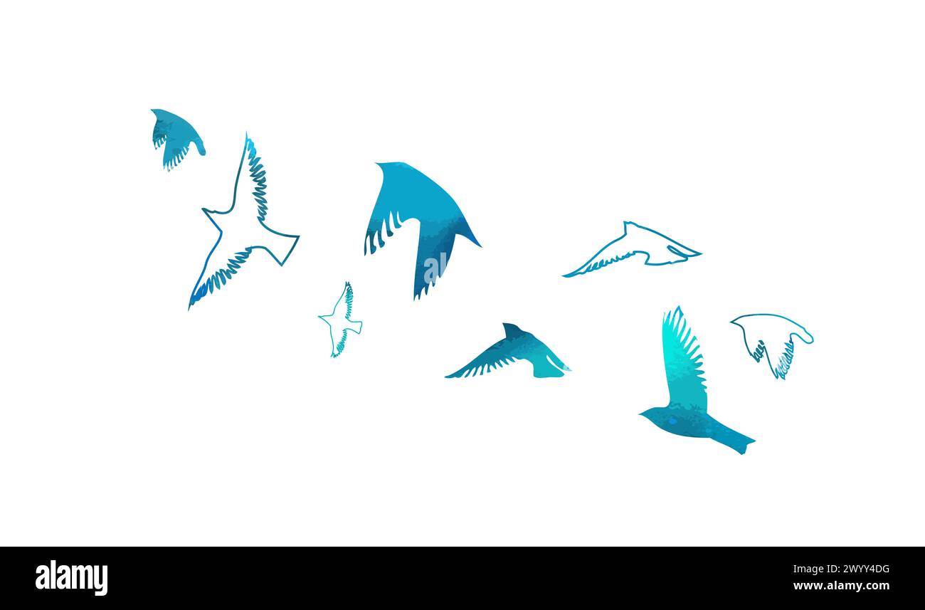 A flock of blue watercolor flying birds. hand drawing. Not AI, Free ...
