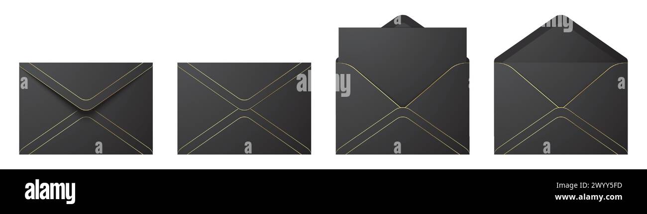 Vector set of realistic black envelopes with golden details, in different positions. Folded and ...