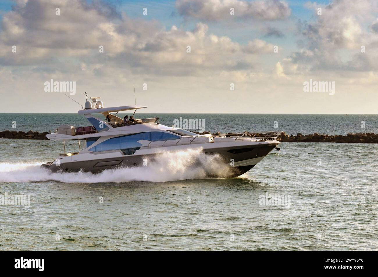 Miami, Florida, USA - 1 December 2023: Luxury motorboat at speed at the ...