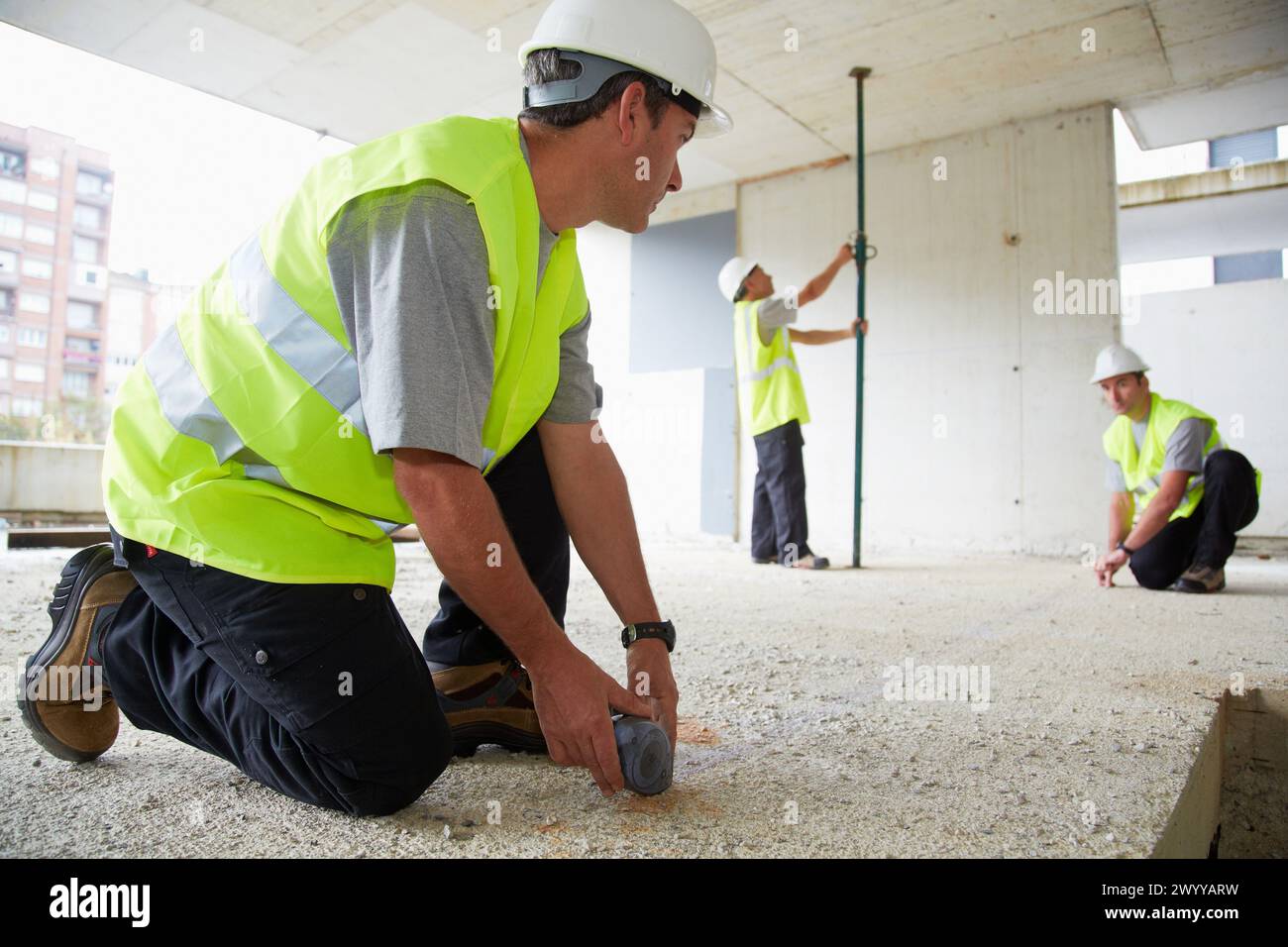 Workers with personal protective equipment, PPE, Marking guide lines ...